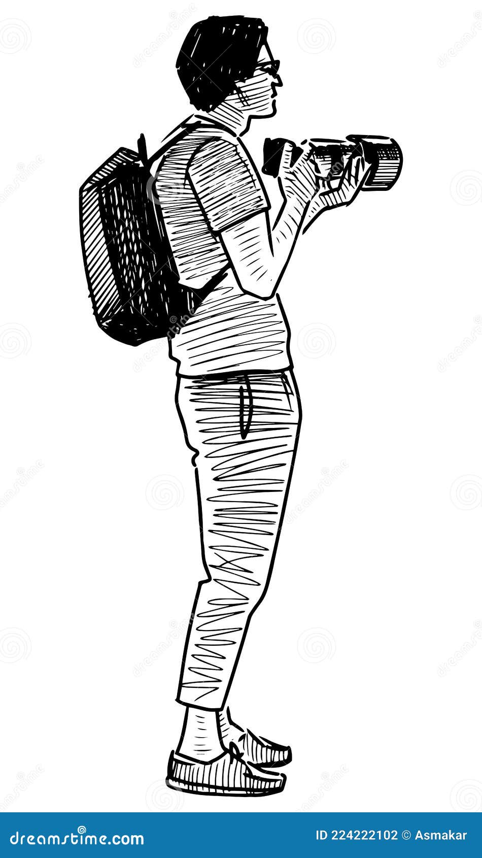 Freehand Drawing of Young Photographer with Backpack and Camera ...