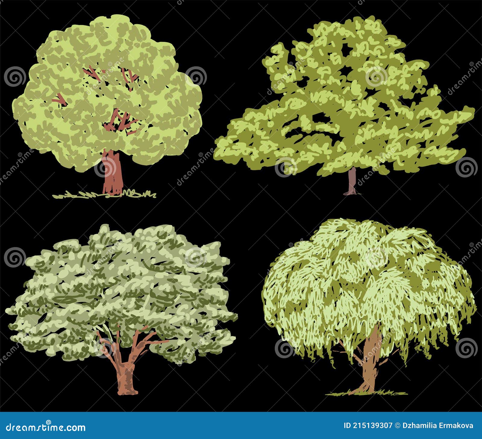 Freehand Drawings of Various Deciduous Trees in Summer Stock Vector ...