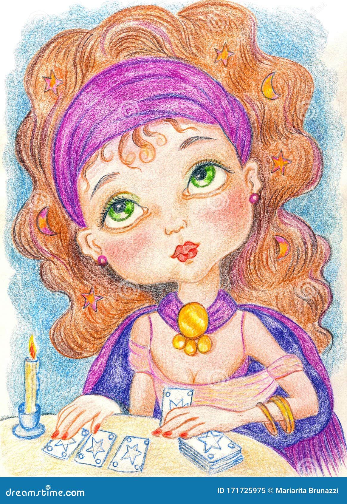 Freehand Drawn and Painted Illustration of Fortune Teller with Colored ...