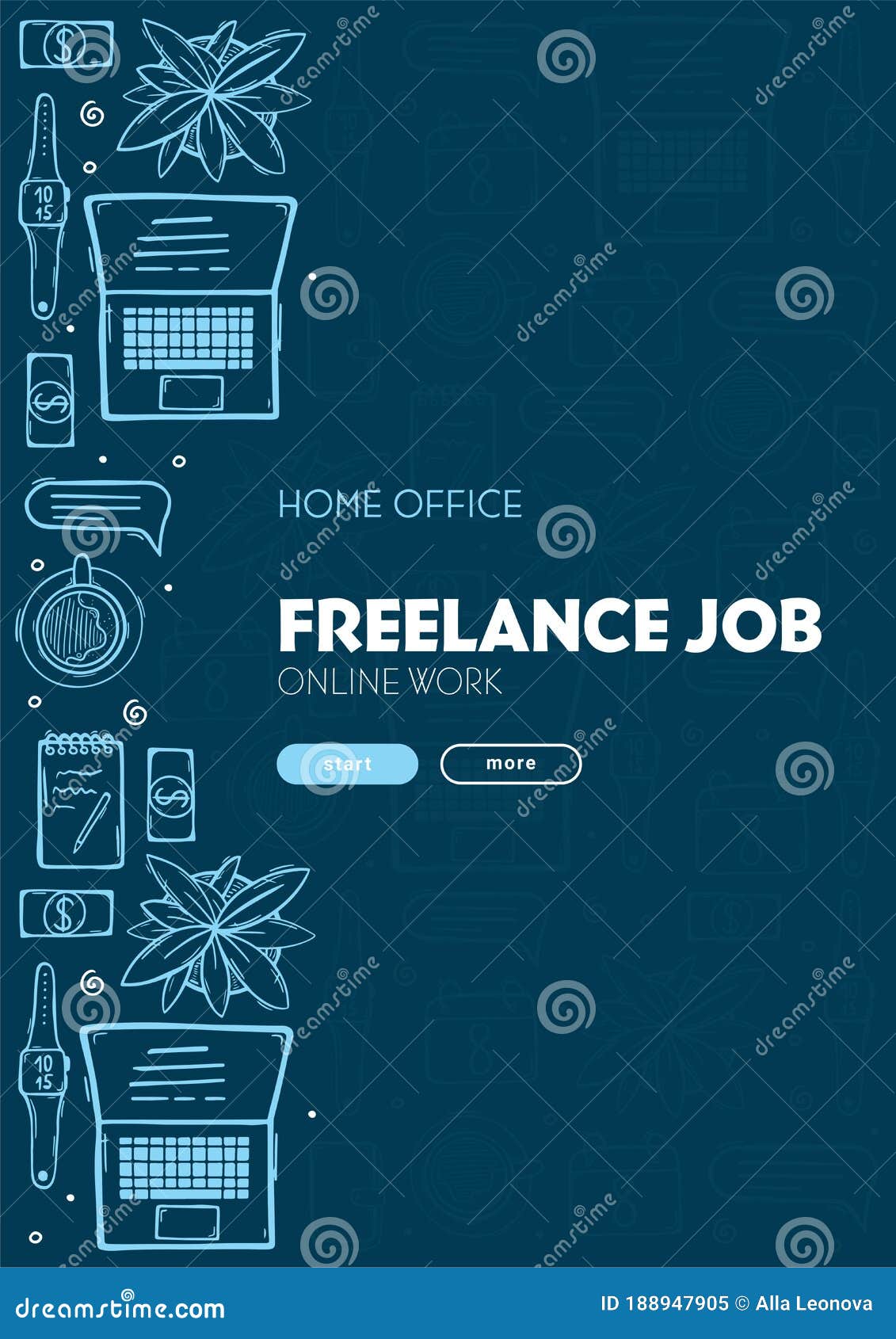 Freelance Banner with Hand Draw Doodle Background. Popular Symbols and ...