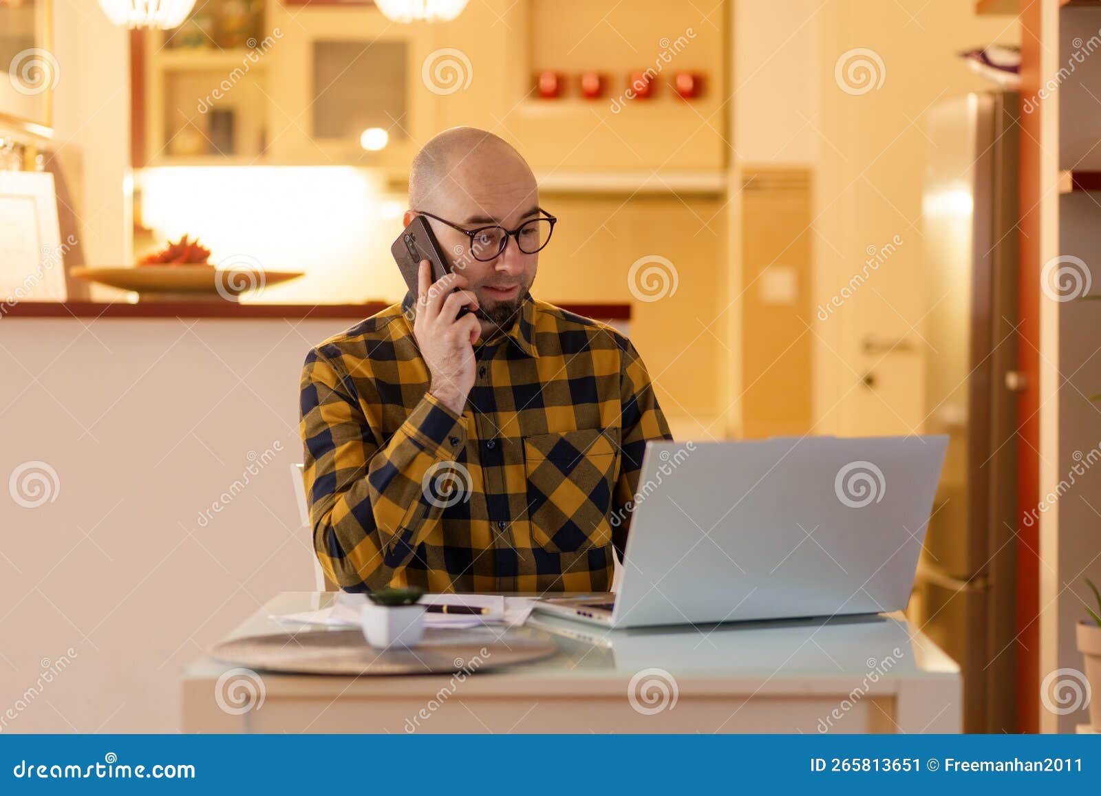 Freelance And Online Communication Caucasian Bald Bearded Young Man
