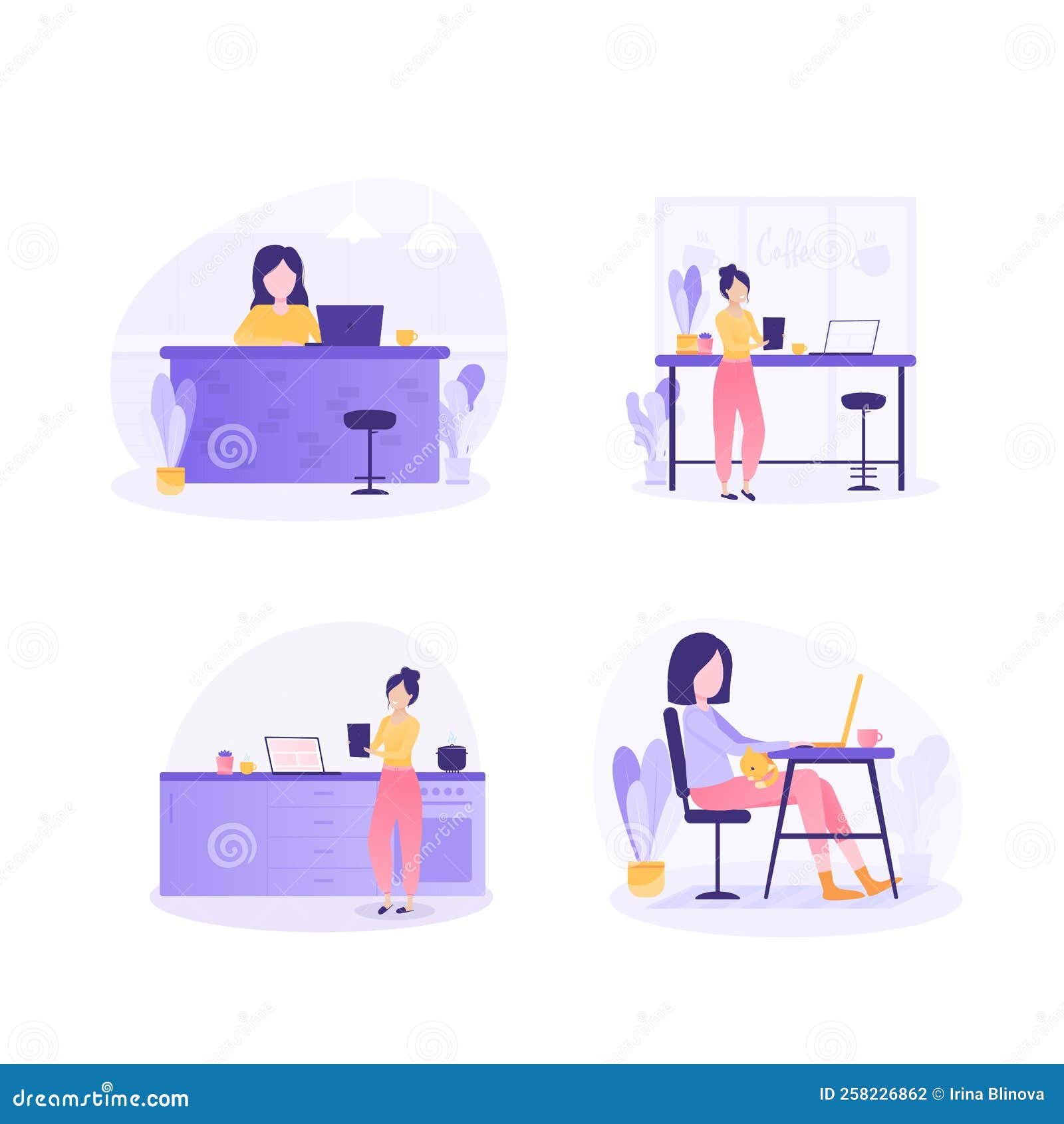 Freelance People Work in Comfortable Conditions Set Vector Flat ...