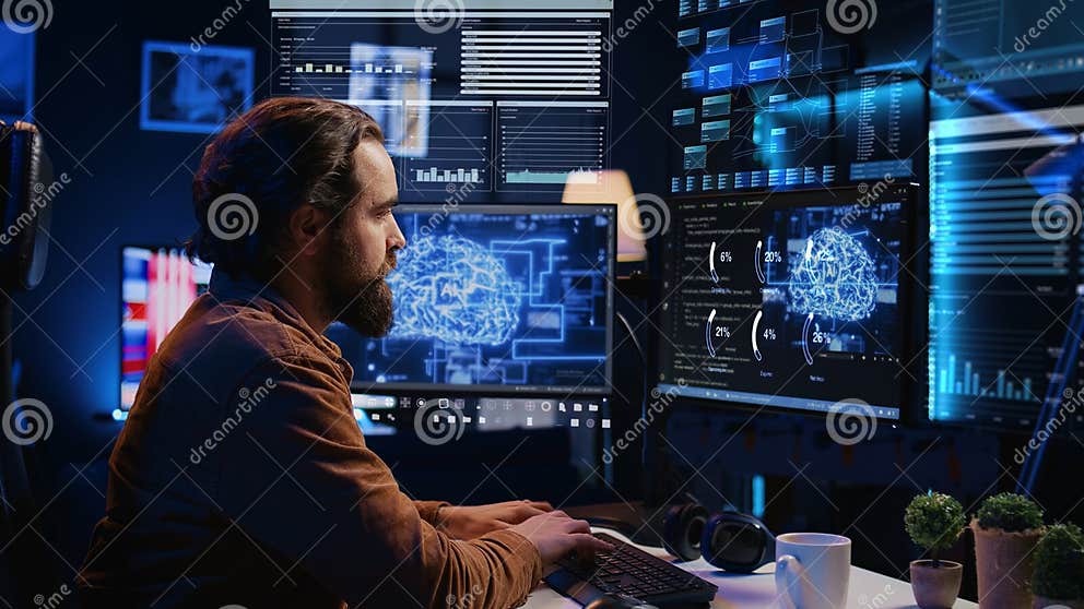 Freelance Programmer Using Computer, Interacting with Artificial Intelligence Stock Image ...