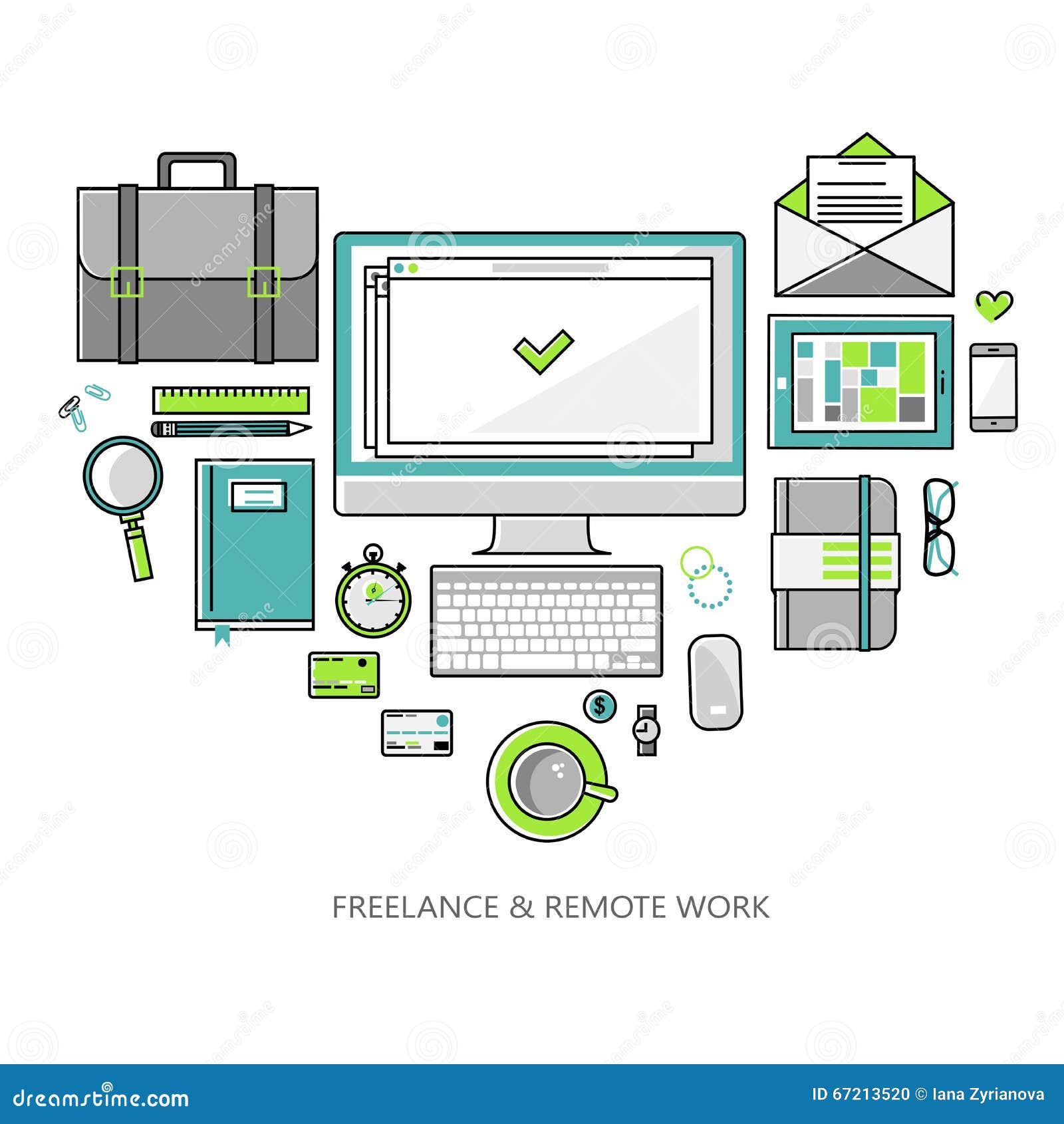 Freelance and Remote Work - Vector Illustration Linear Flat Style Color ...