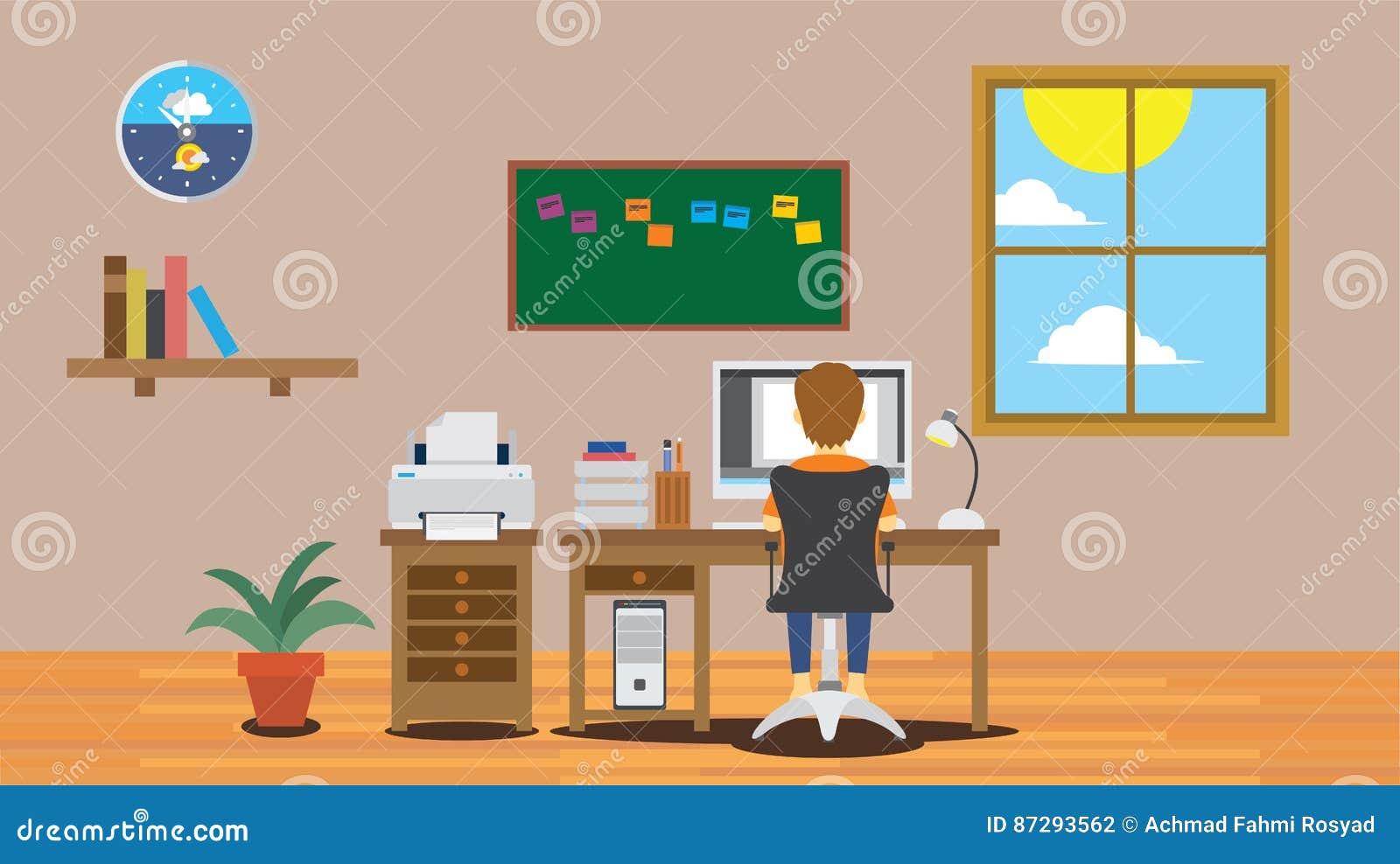 Freelancer Boy Man Working on Workspace Home Wall with Table in Front ...