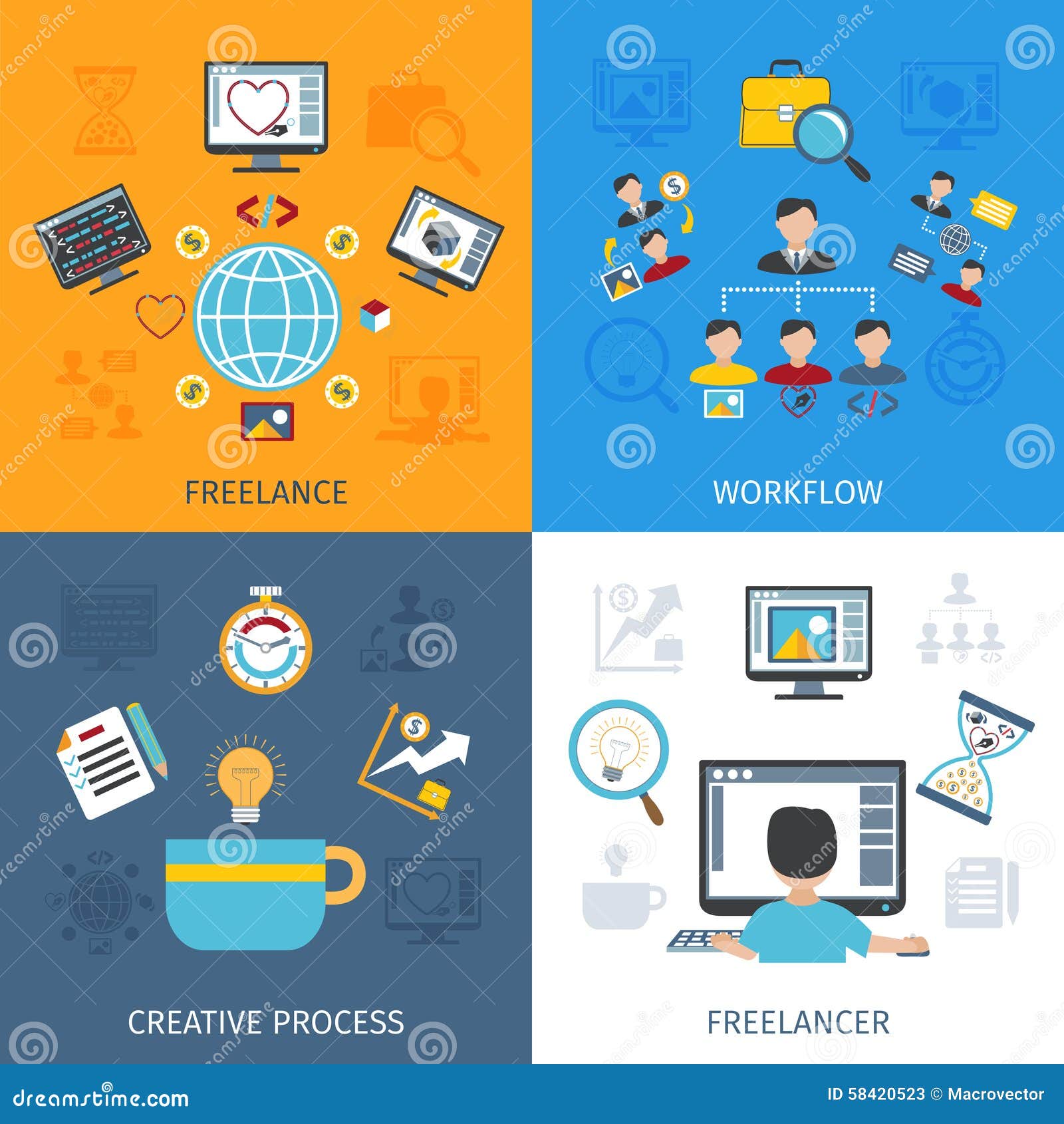 Freelancer Flat Set stock vector. Illustration of interface - 58420523