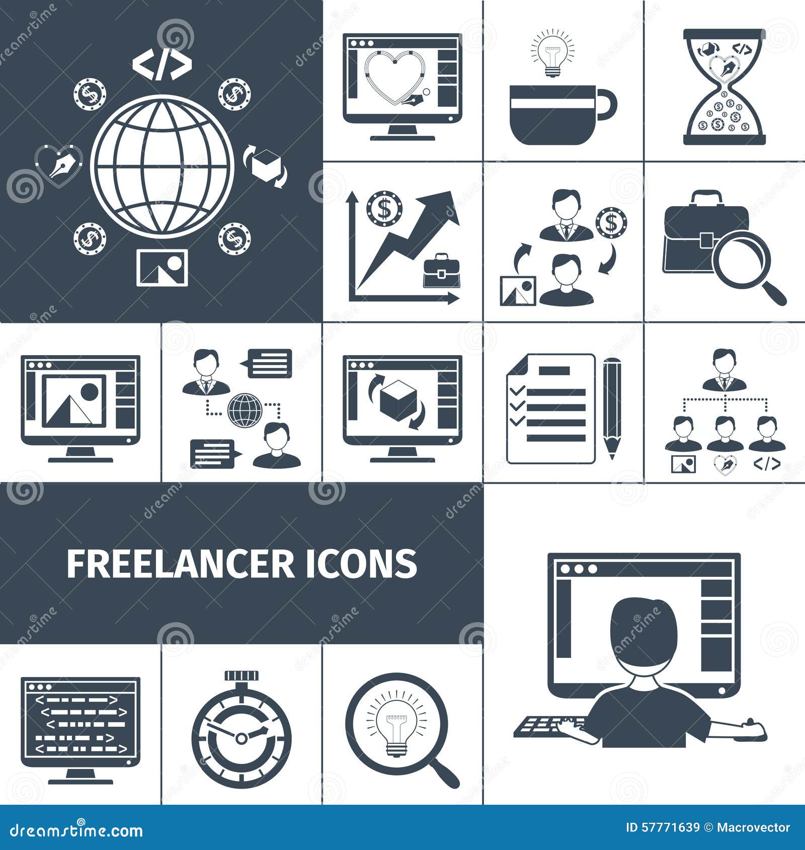 Freelancer Icons Black stock vector. Illustration of clock - 57771639