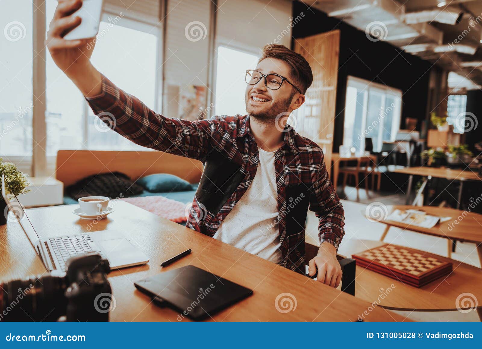 Freelancer Make Selfie while Working at Workplace Stock Photo - Image ...