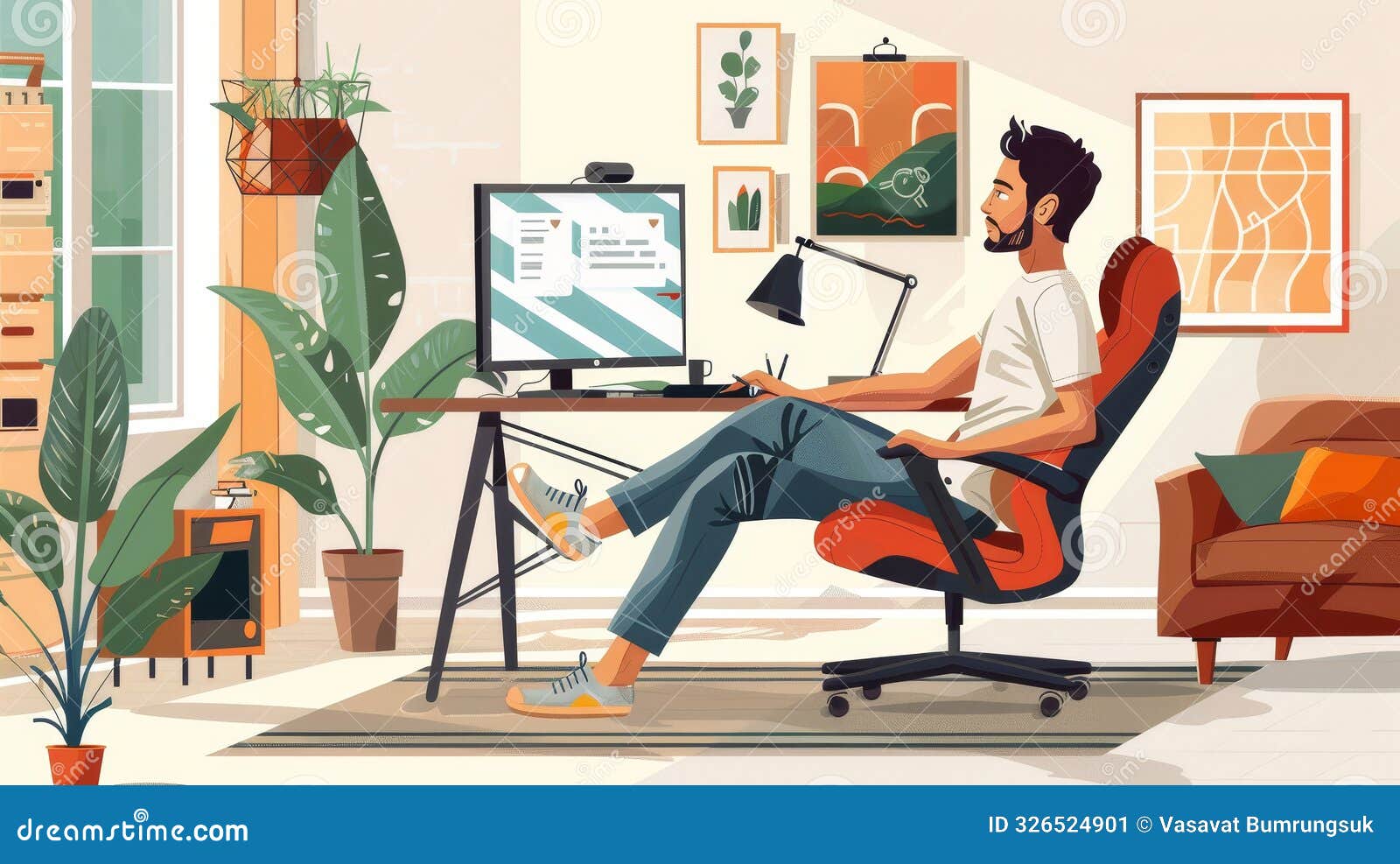 Freelancer Man at Home, Using a Computer, Ergonomic Chair and Desk ...