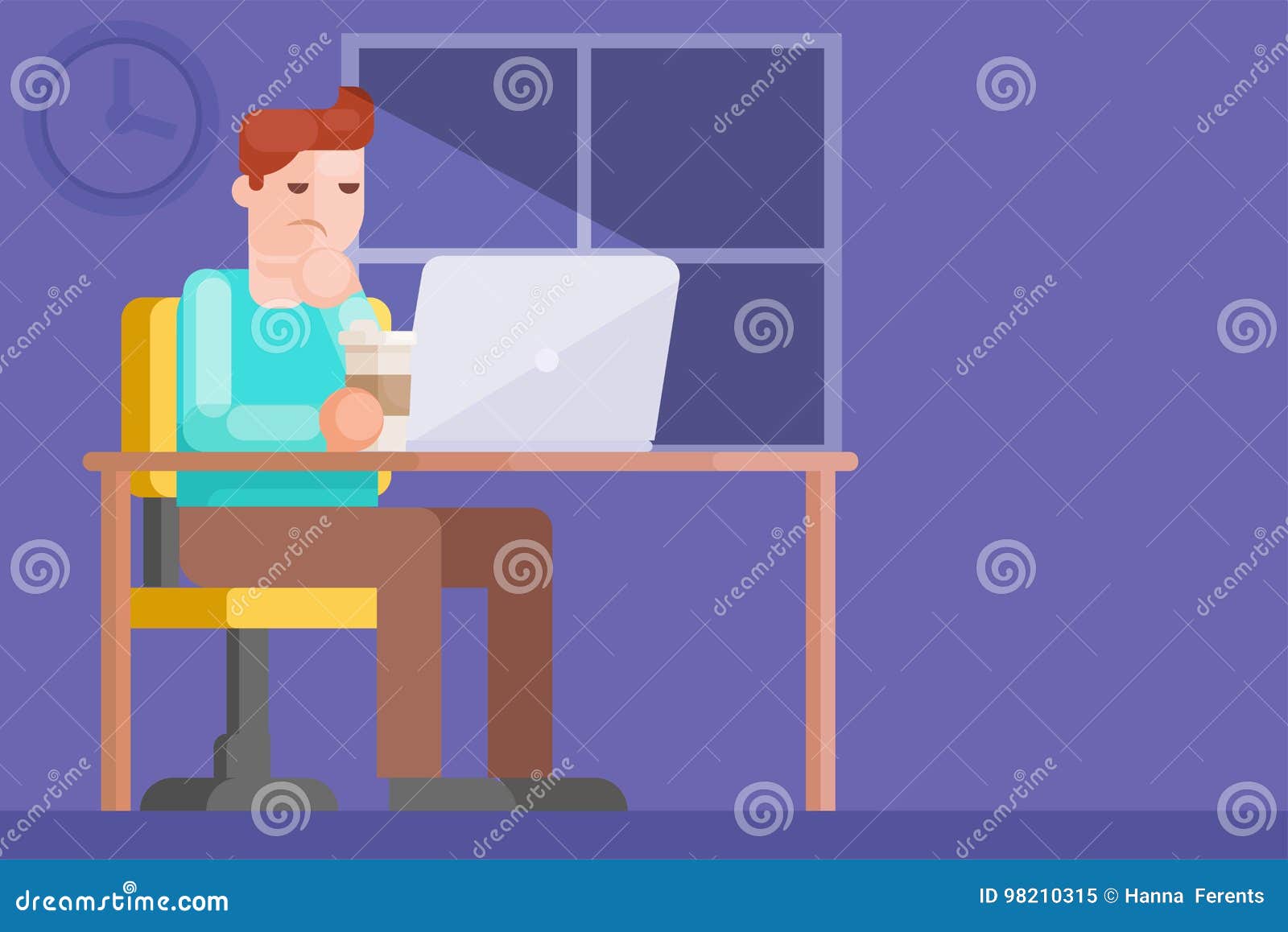 A Freelancer Man Works for a Computer at Night. Stock Vector ...