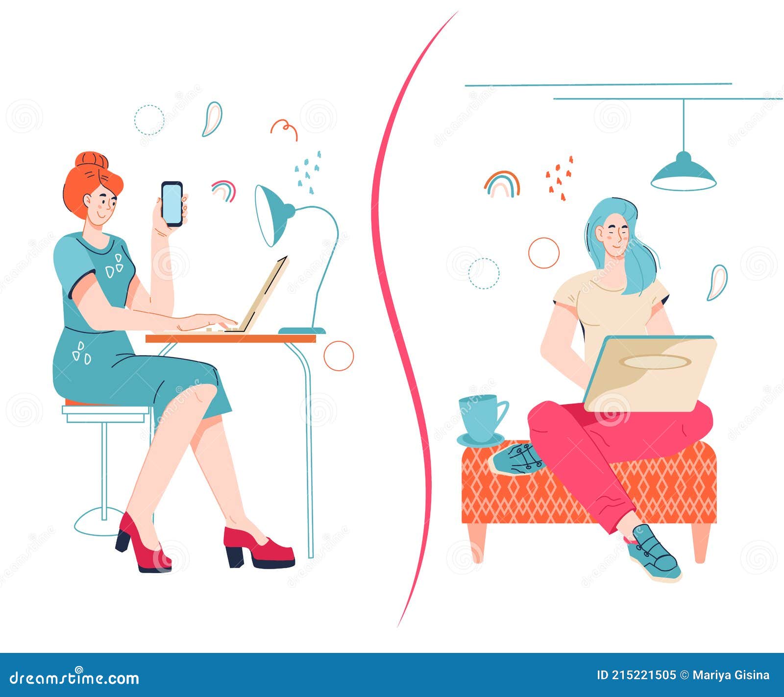 Freelancer Vs Office Work Concept with Women Working, Flat Vector ...