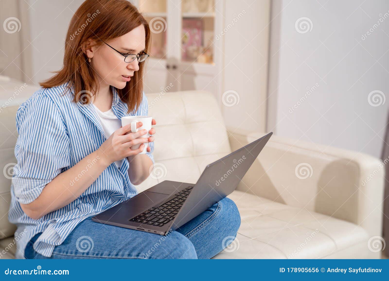Freelancer Woman Working at Computer, Drinks Tea. Stock Photo - Image ...