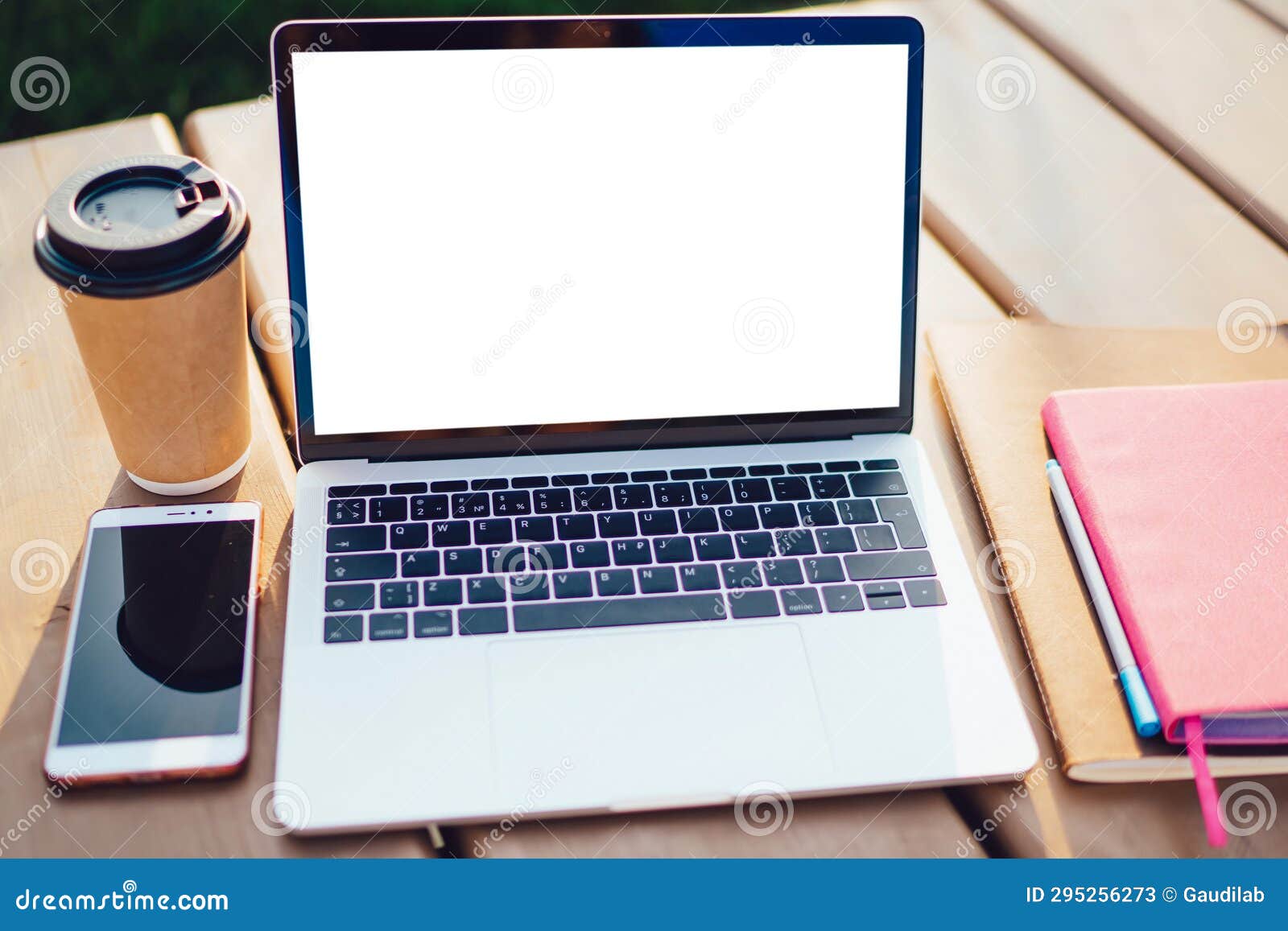 Freelancer Workplace on Fresh Air. Digital Nomad Desktop Stock Image ...