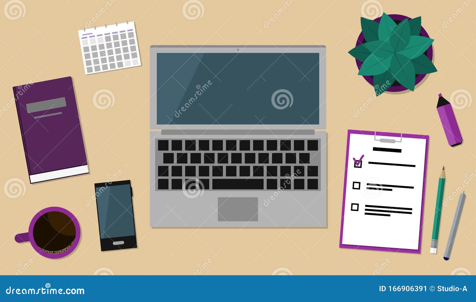Freelancer Workplace. Top View on Desk. Vector Illustration Stock ...