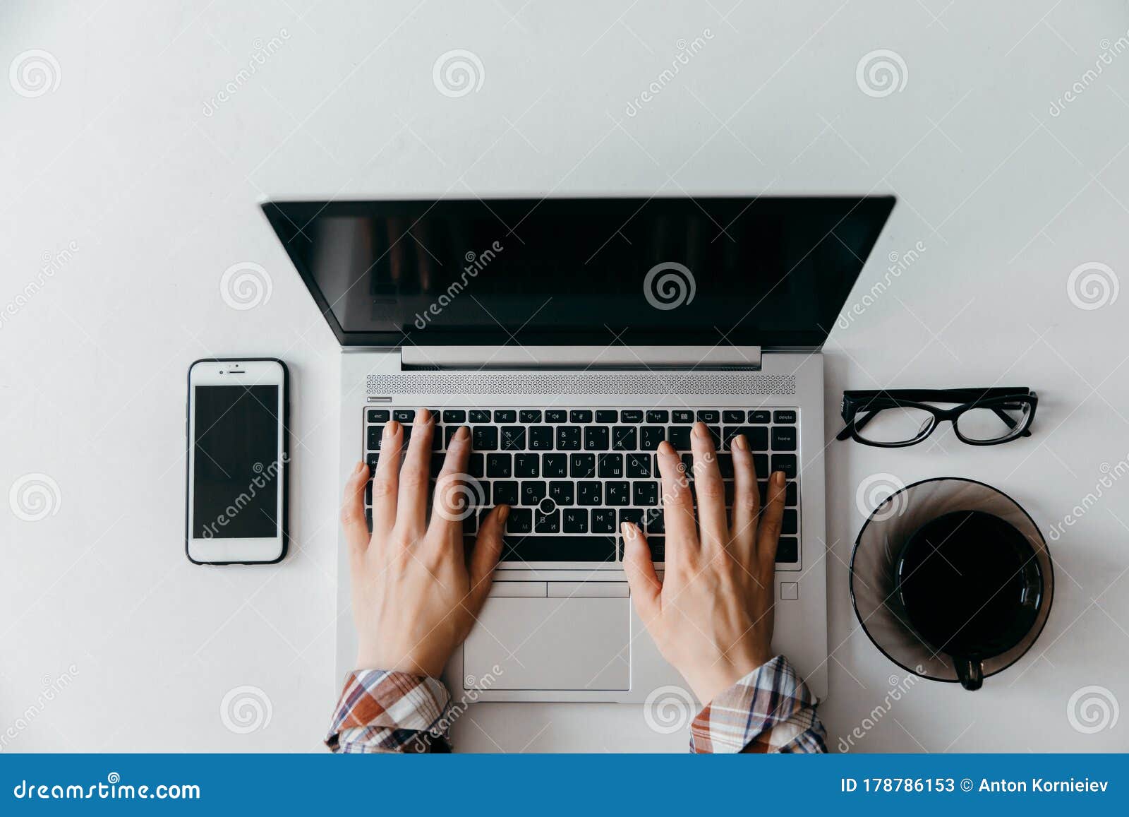 Freelancer Workplace on a White Background and Hands with Place for ...