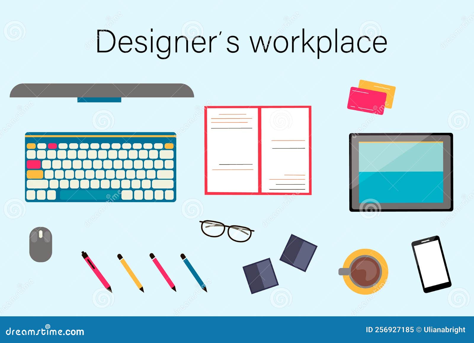 Freelancers Working Elements and Items. Top View of the Table, Computer ...