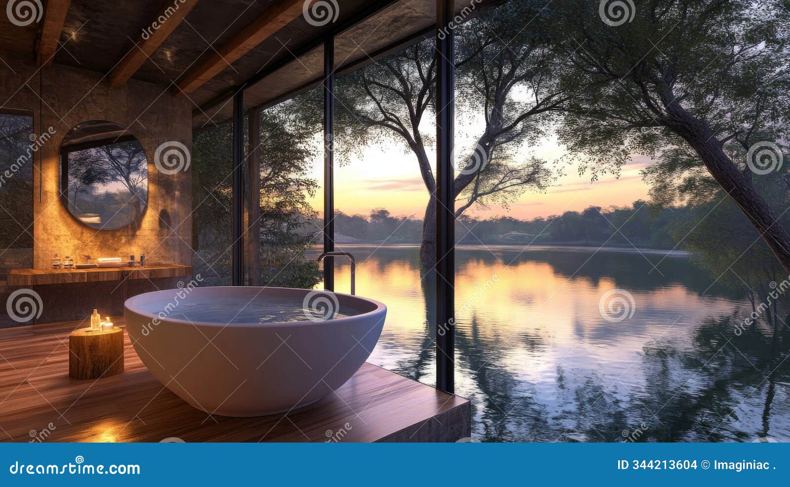 Freestanding Tub in Modern Bathroom with Lake View Stock Illustration ...