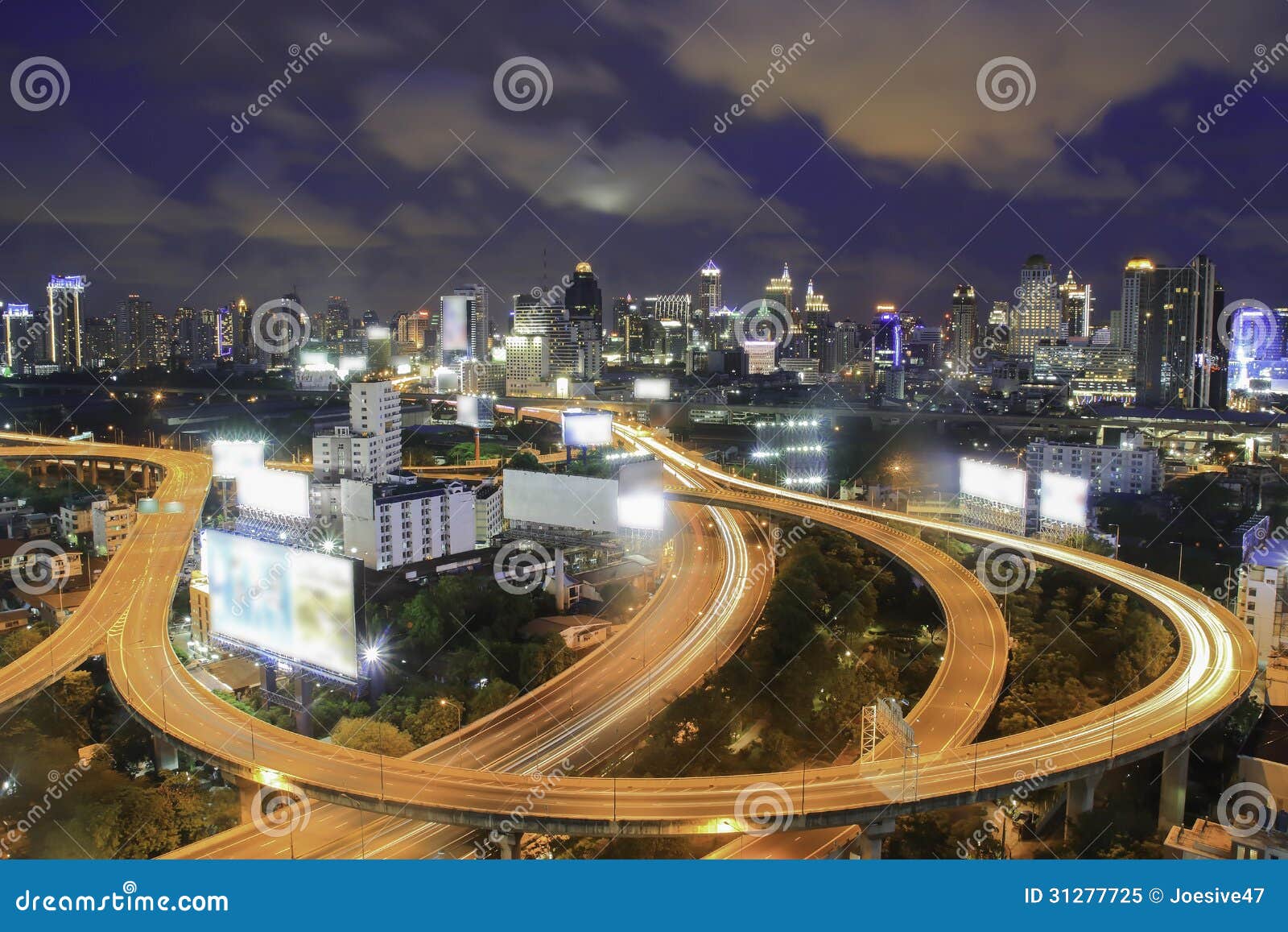 Freeway in Night with Cars Light in Modern City Stock Image - Image of ...