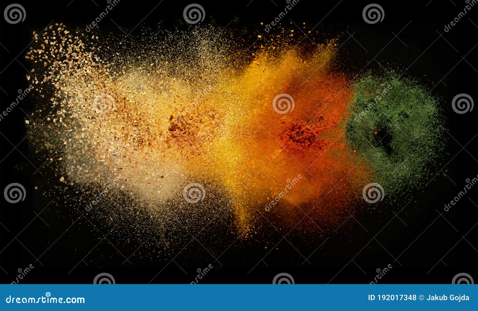 Freeze Motion of Spice Explosion, Black Background Stock Photo - Image ...