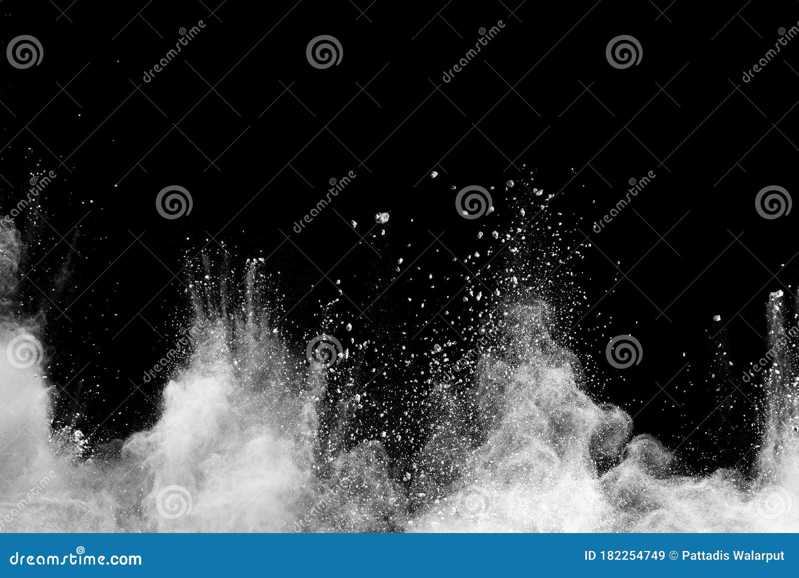 Freeze Motion of White Dust Particles Splash on Black Background.White ...