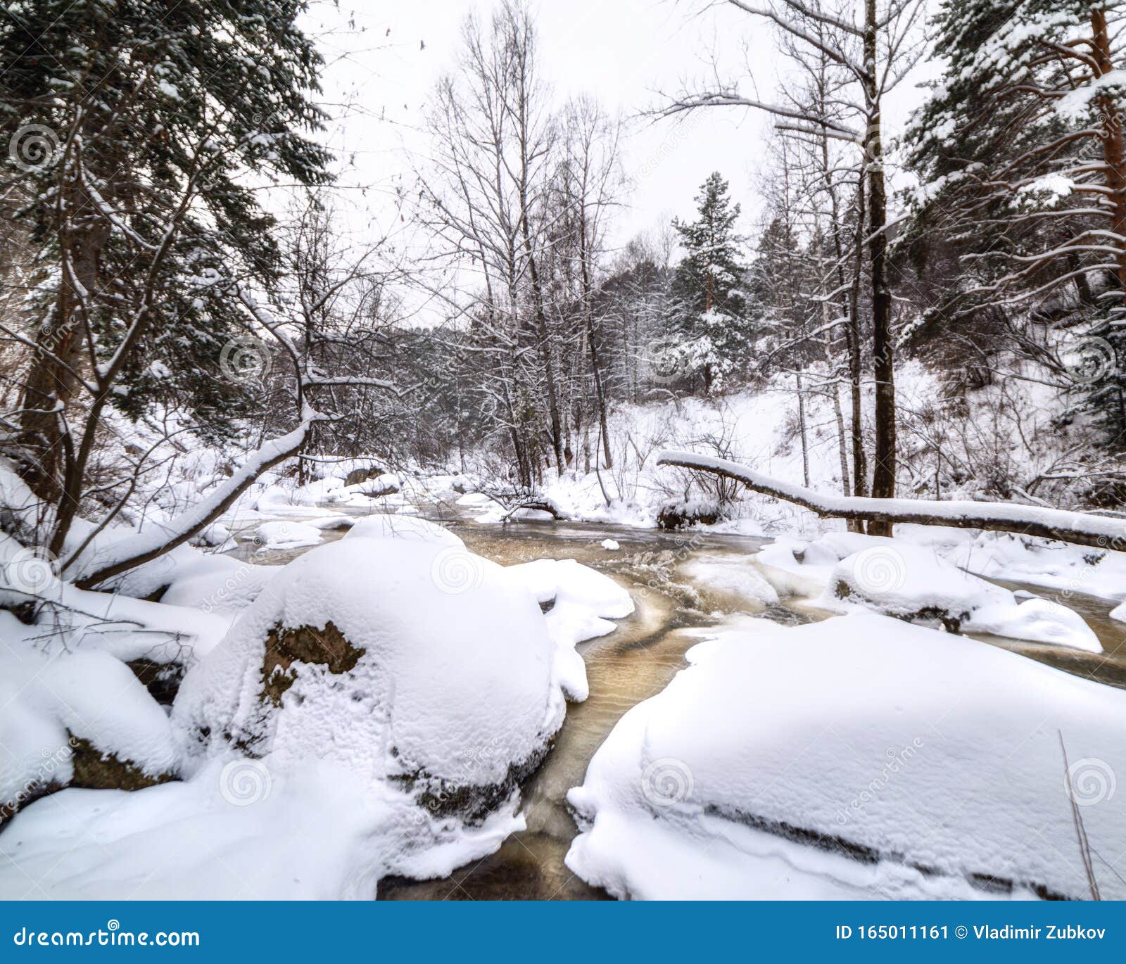Freezing Small River among the Trees Stock Image - Image of small, snow ...