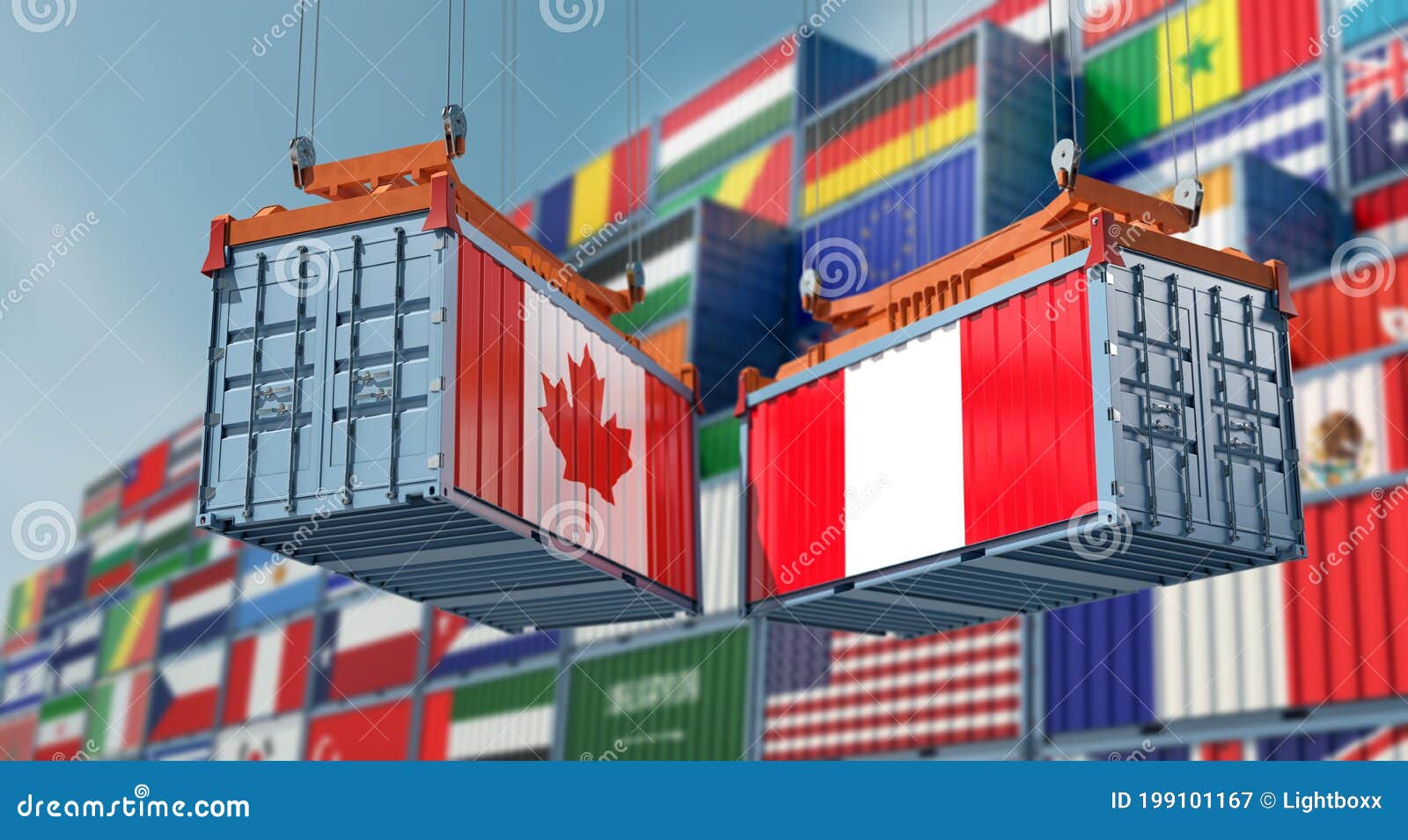 Freight Containers on a Terminal with Canada and Peru Flag. Stock ...