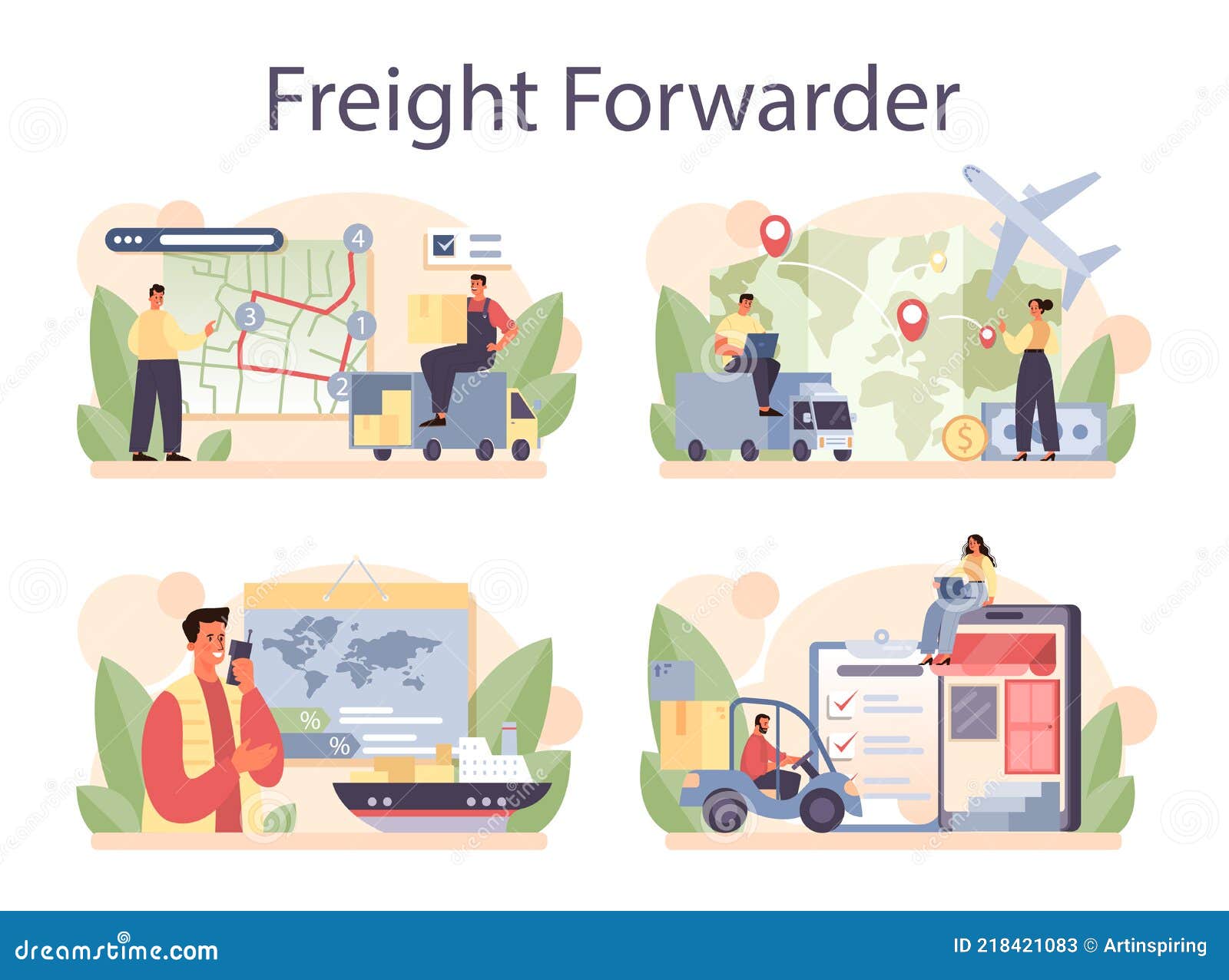Freight Forwarder Concept Set. Loader in Uniform Delivering a Cargo ...