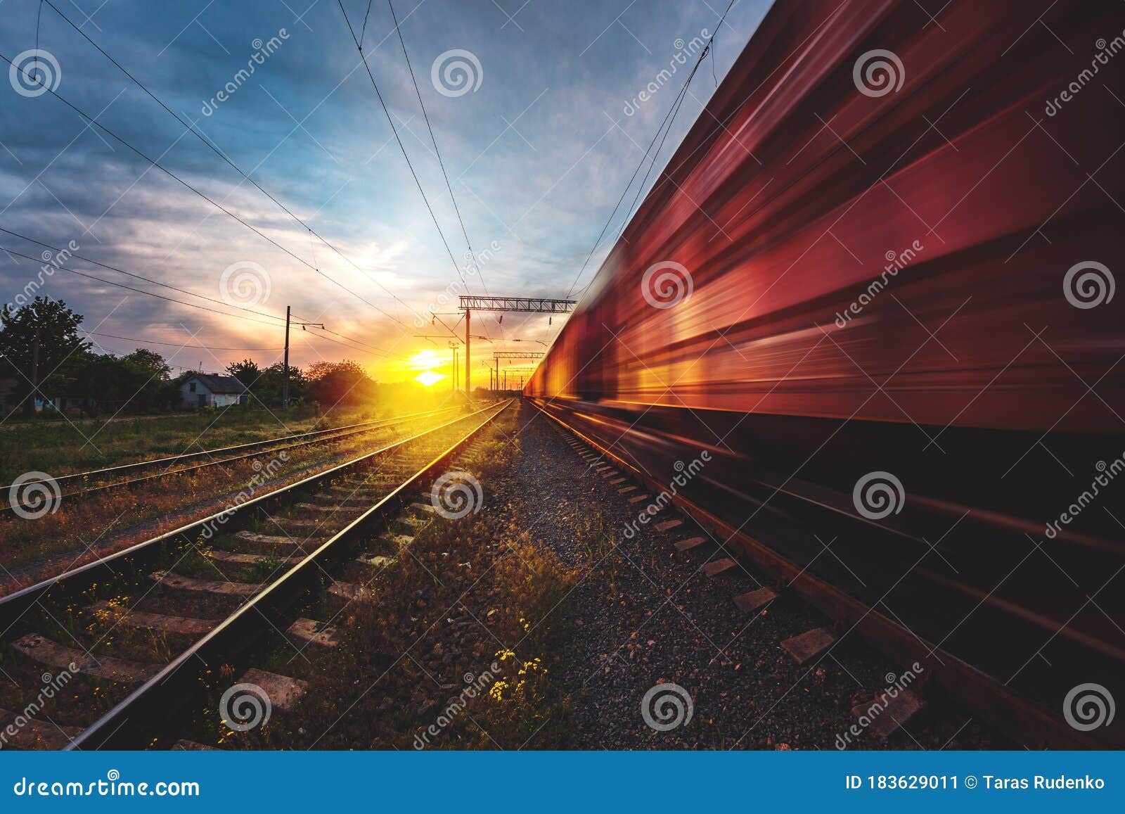 Freight Train Moves with Speed by Rail Stock Image - Image of line ...