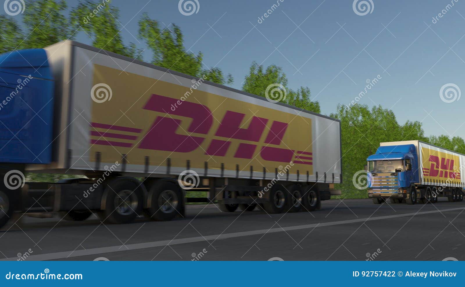 Freight Semi Trucks with DHL Express Logo Driving Along Forest Road ...