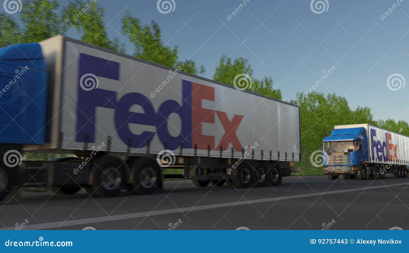 Freight Semi Trucks with FedEx Logo Driving Along Forest Road ... Freight Semi Trucks with FedEx Logo Driving Along Forest Road ...
