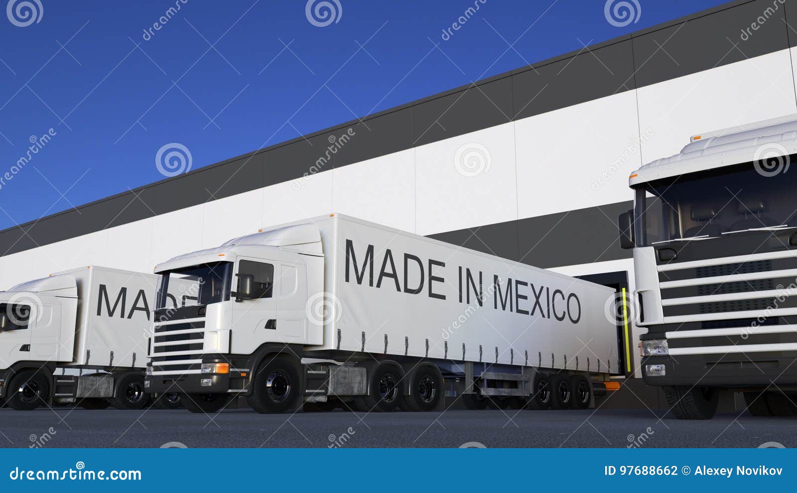 Freight Semi Trucks with MADE in MEXICO Caption on the Trailer Loading ...
