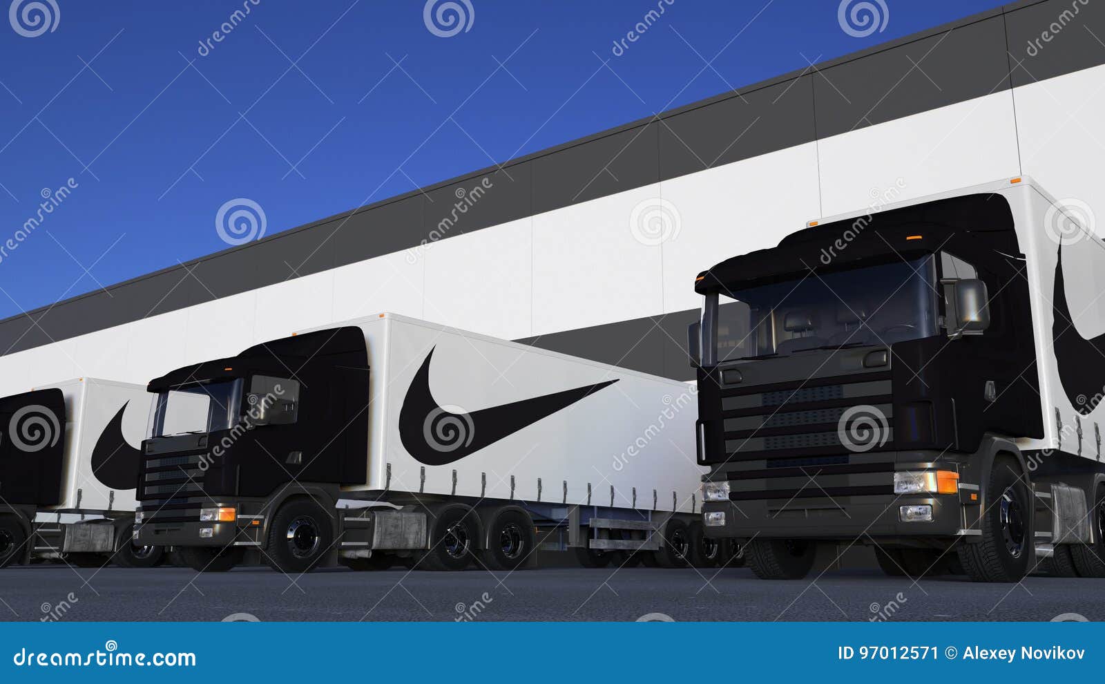 Freight Semi Trucks with Nike Inscription and Logo Loading or Unloading ...