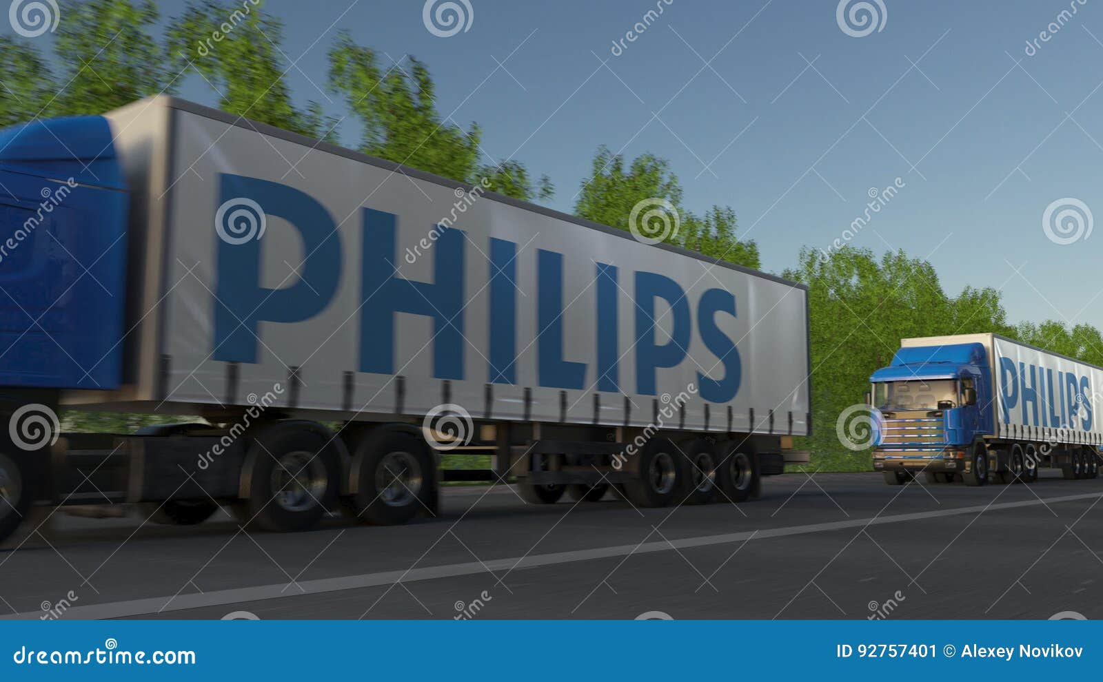 Freight Semi Trucks with Philips Logo Driving Along Forest Road ...