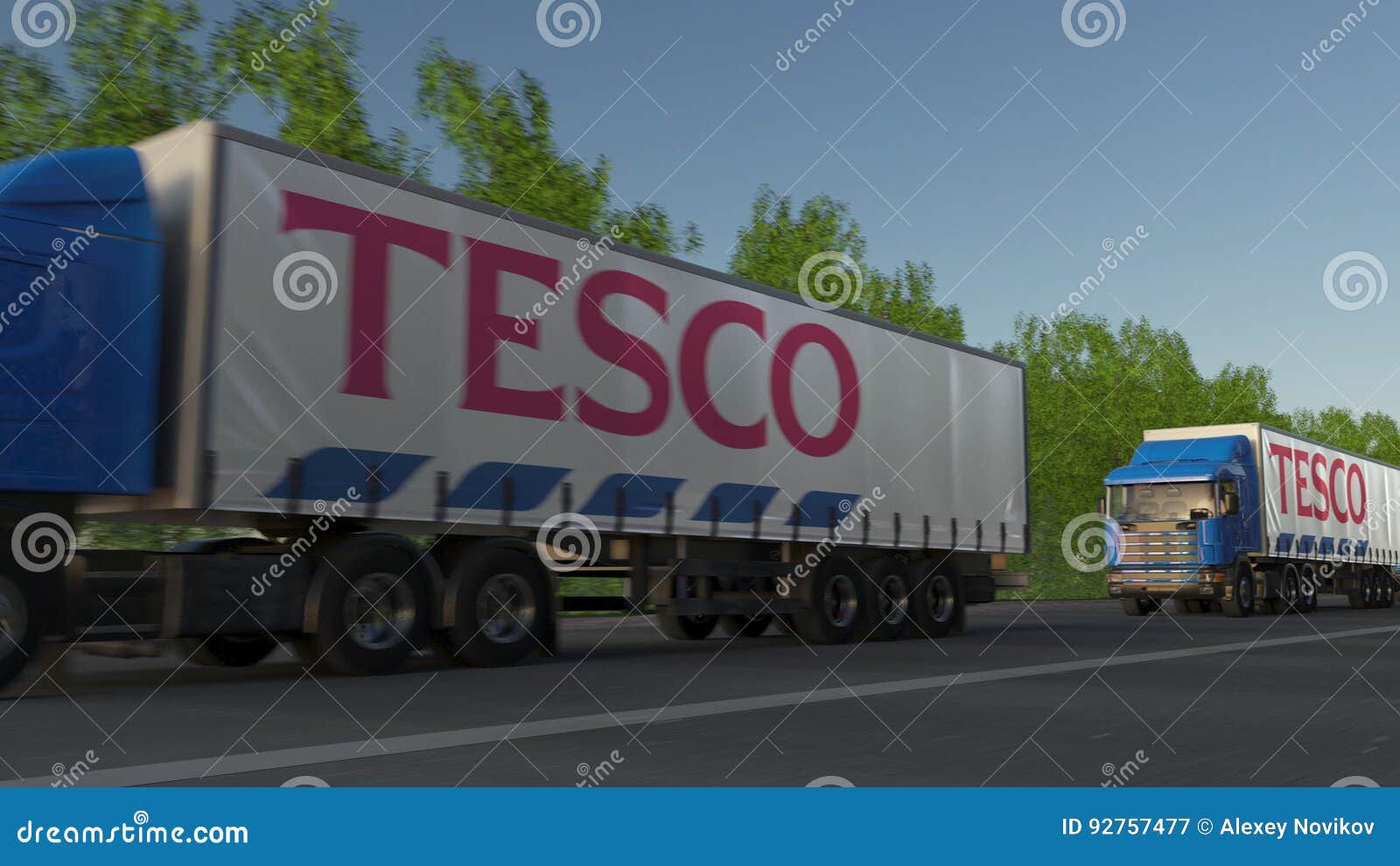 Freight Semi Trucks with Tesco Logo Driving Along Forest Road ...