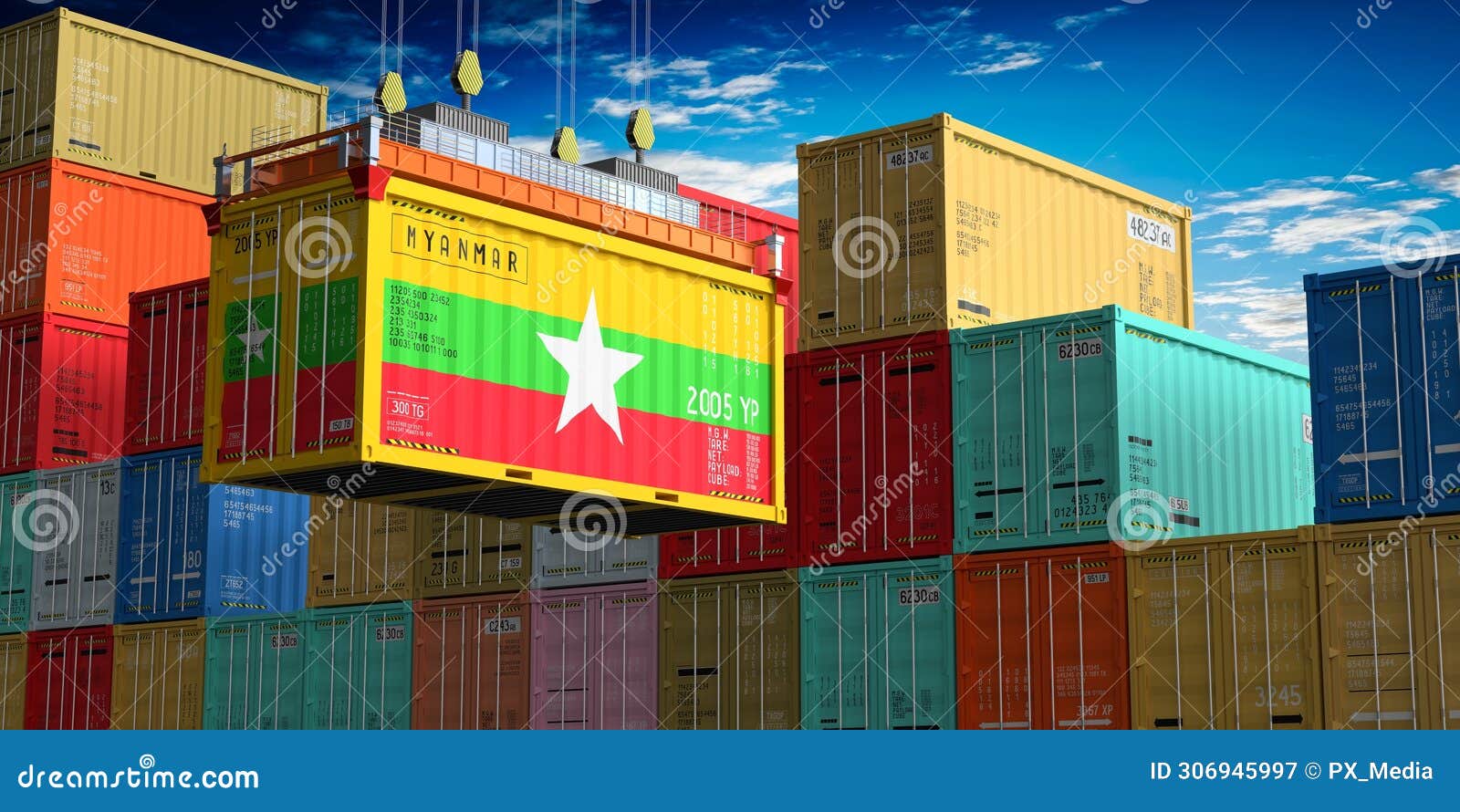 Myanmar - Freight Shipping Container with National Flag Stock ...