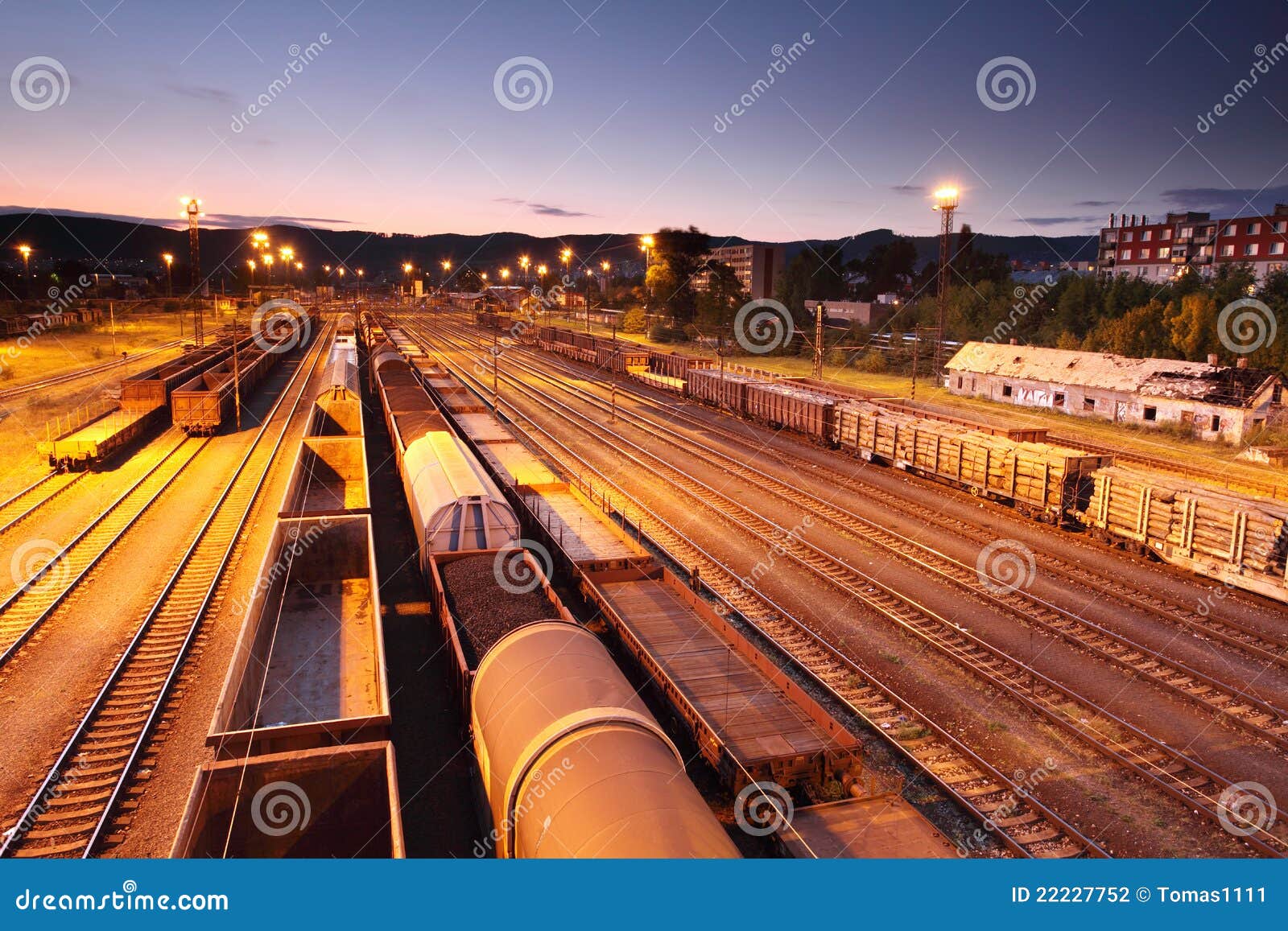 Freight Station with Trains Stock Photo - Image of platform, night ...