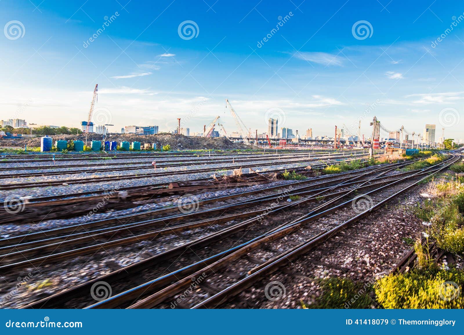 Freight Station with Trains at Sunrise, Blue Sky Editorial Stock Image ...