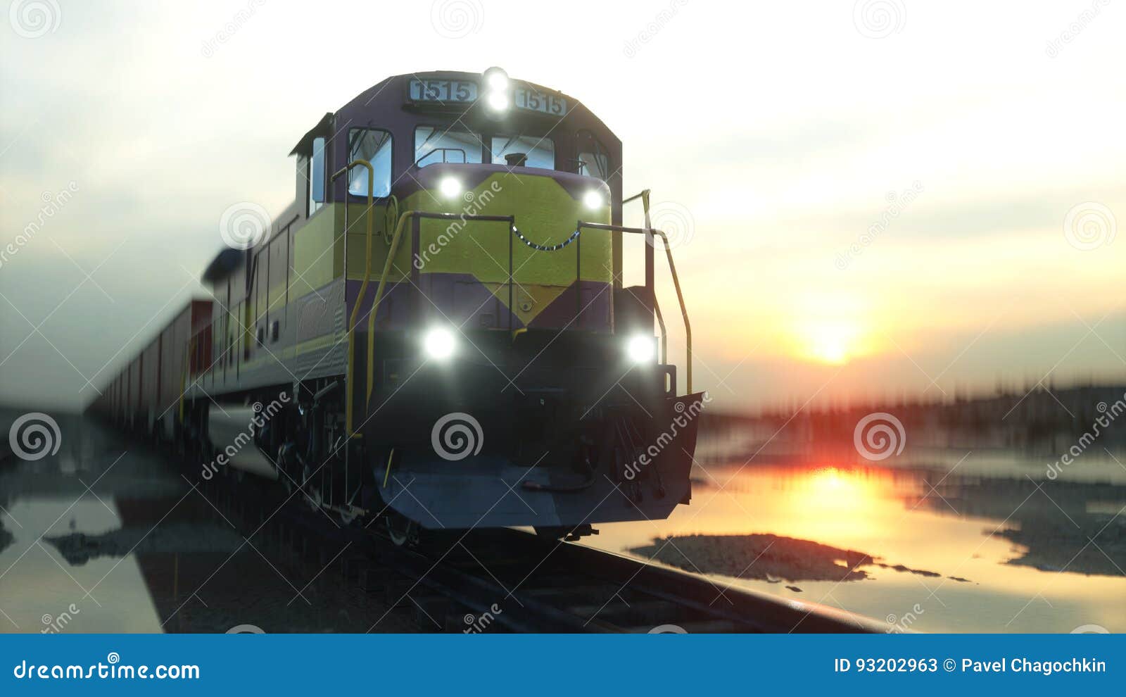 Freight Train with Cargo Containers. Against Sunrise. 3d Rendering ...