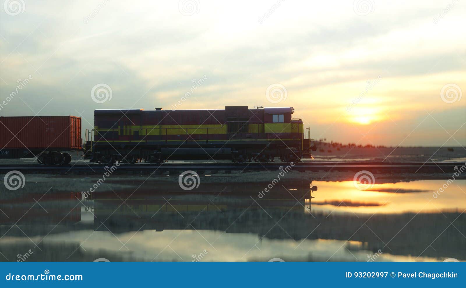 Freight Train with Cargo Containers. Against Sunrise. 3d Rendering ...
