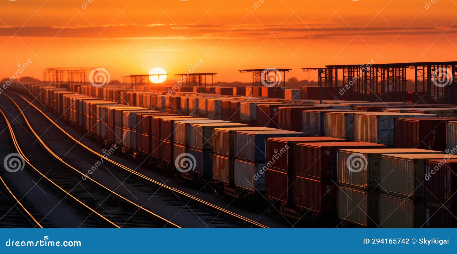 A Freight Train Carries Containers at Sunset. Stock Photo - Image of ...