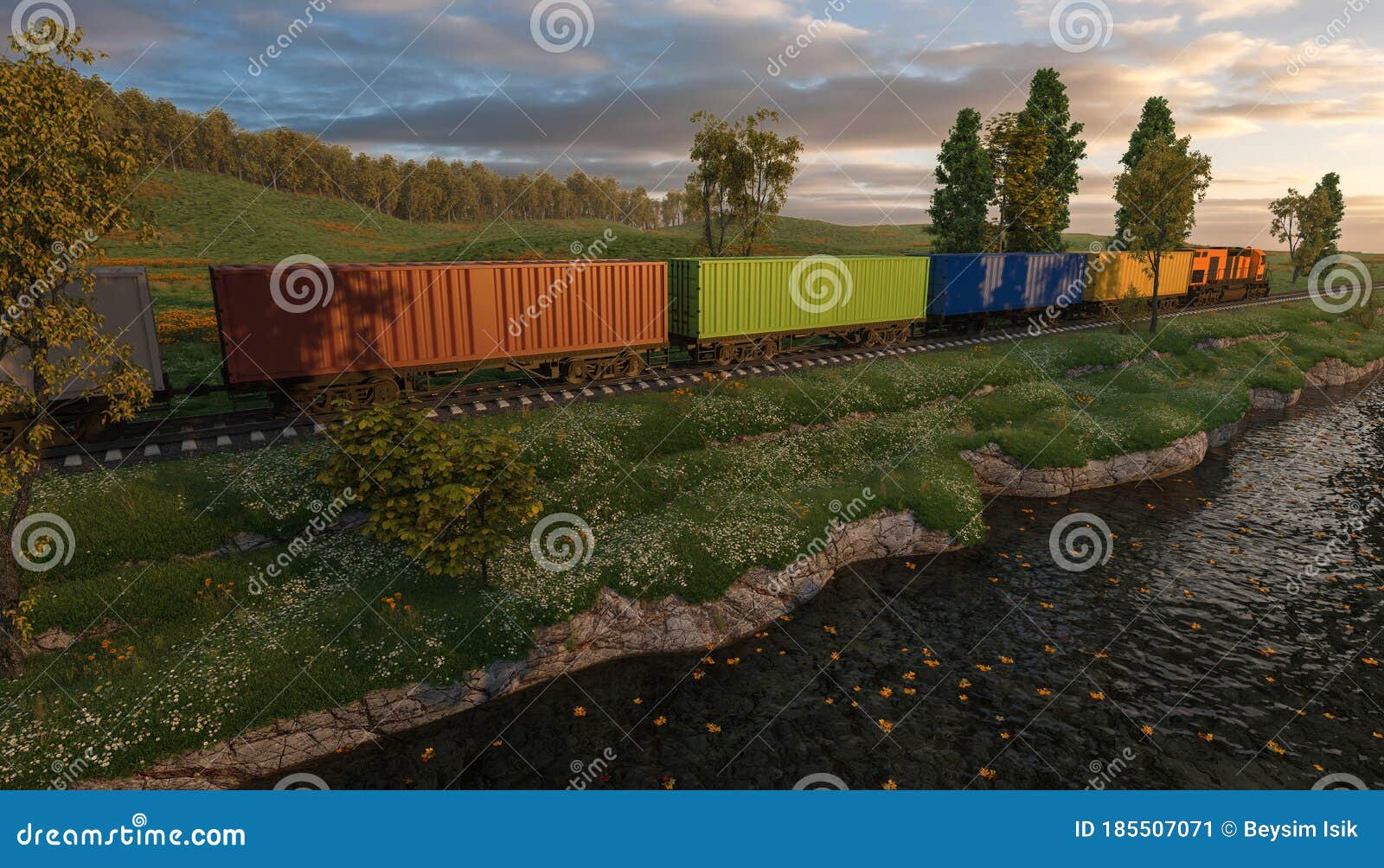 Freight Train with Colorful Cargo Containers at Sunset Stock ...