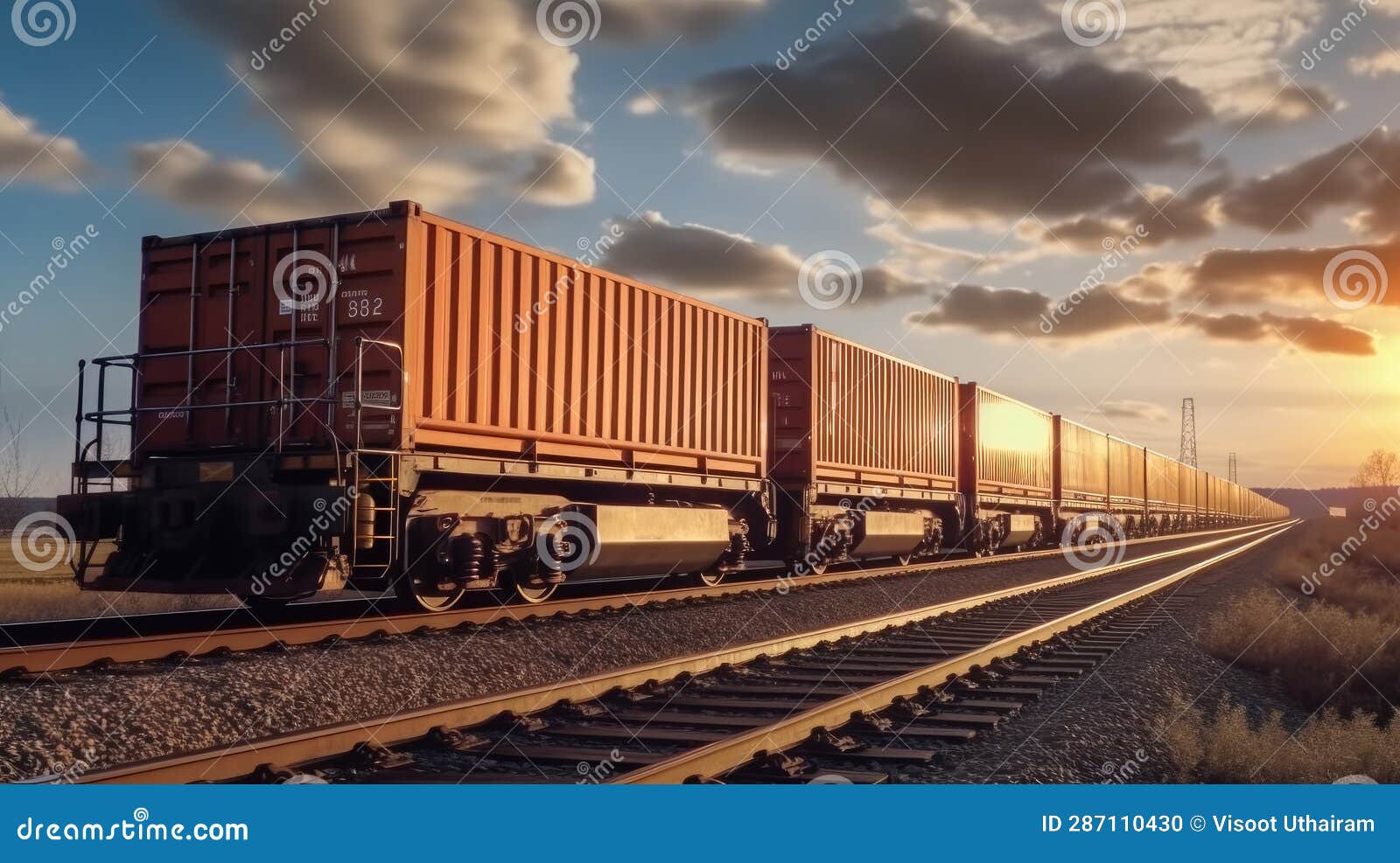 Freight Train with Containers on Train Tracks Stock Illustration ...