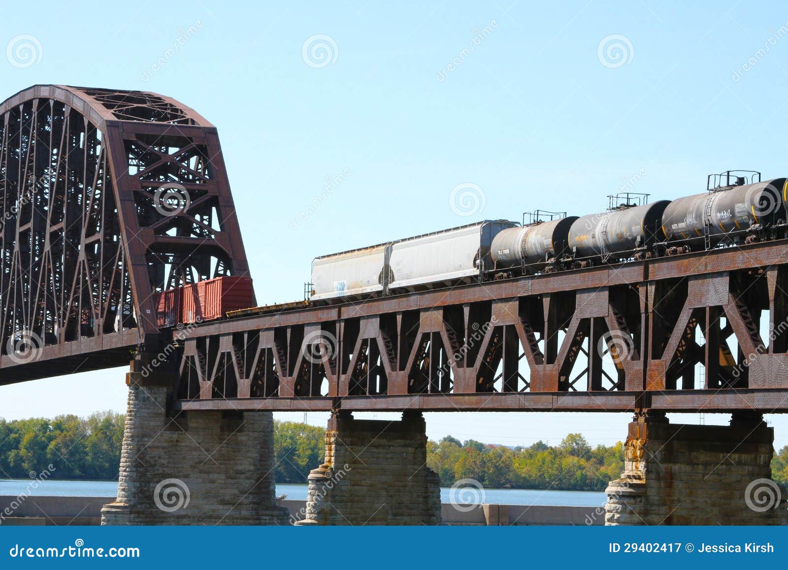 Freight Train Crossing a Steel Railroad Truss River Bridge Editorial ...
