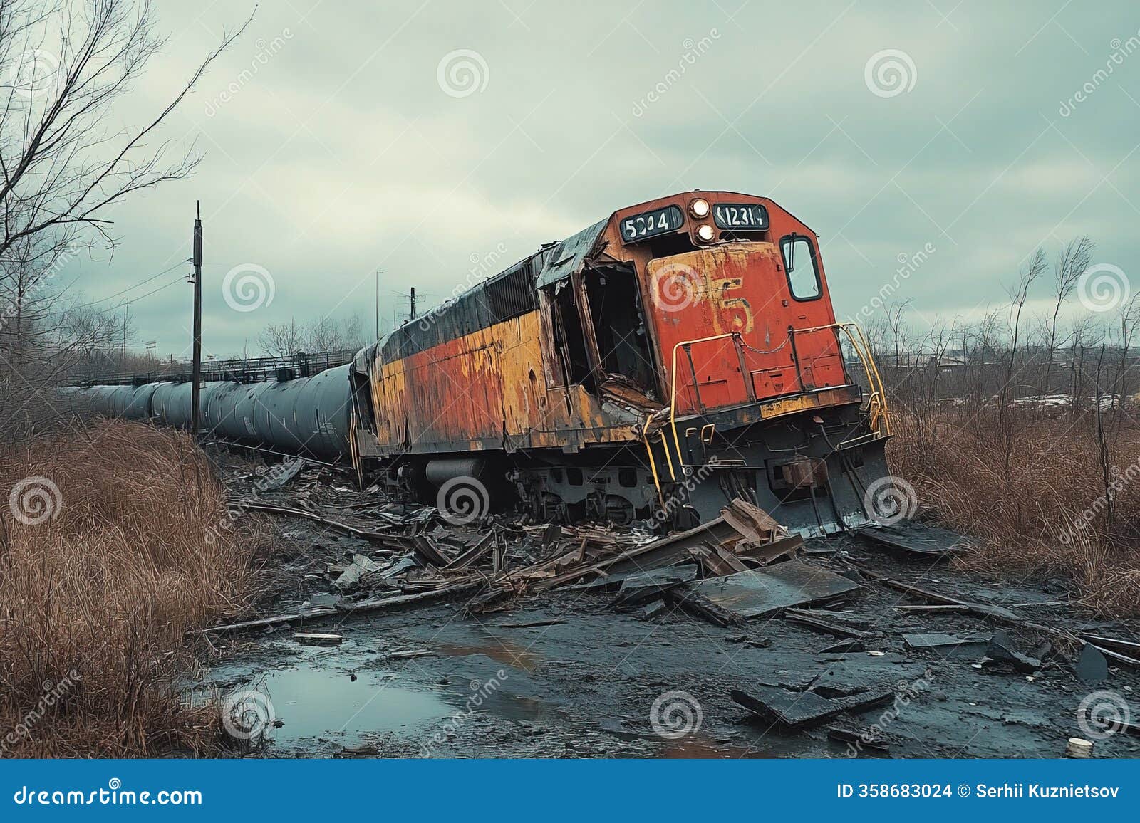 Freight Train Derailed in a Modern Accident with Destruction Visible in ...