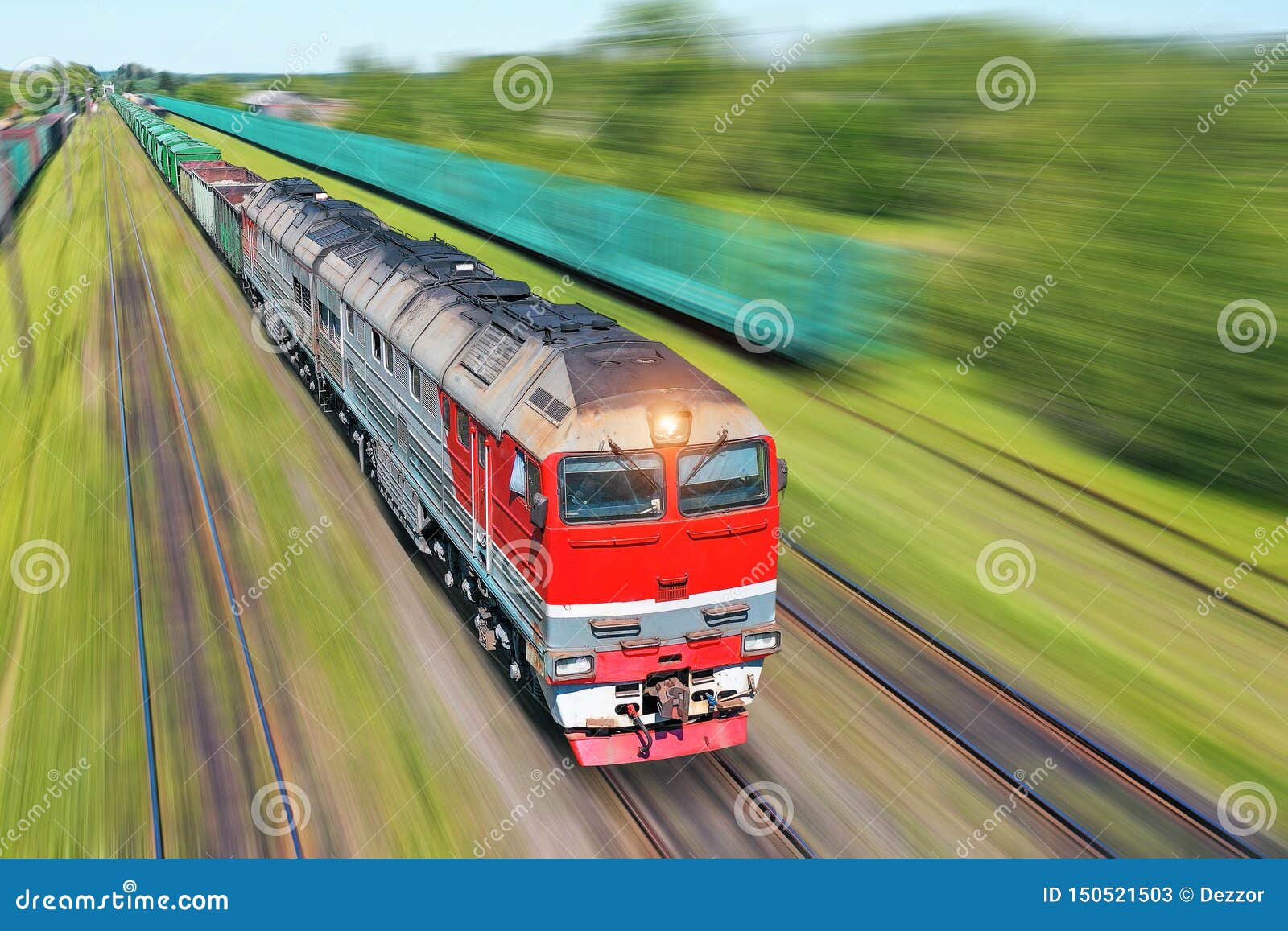 Freight Train Going in a Hurry Along the Train at High Speed. Railway ...