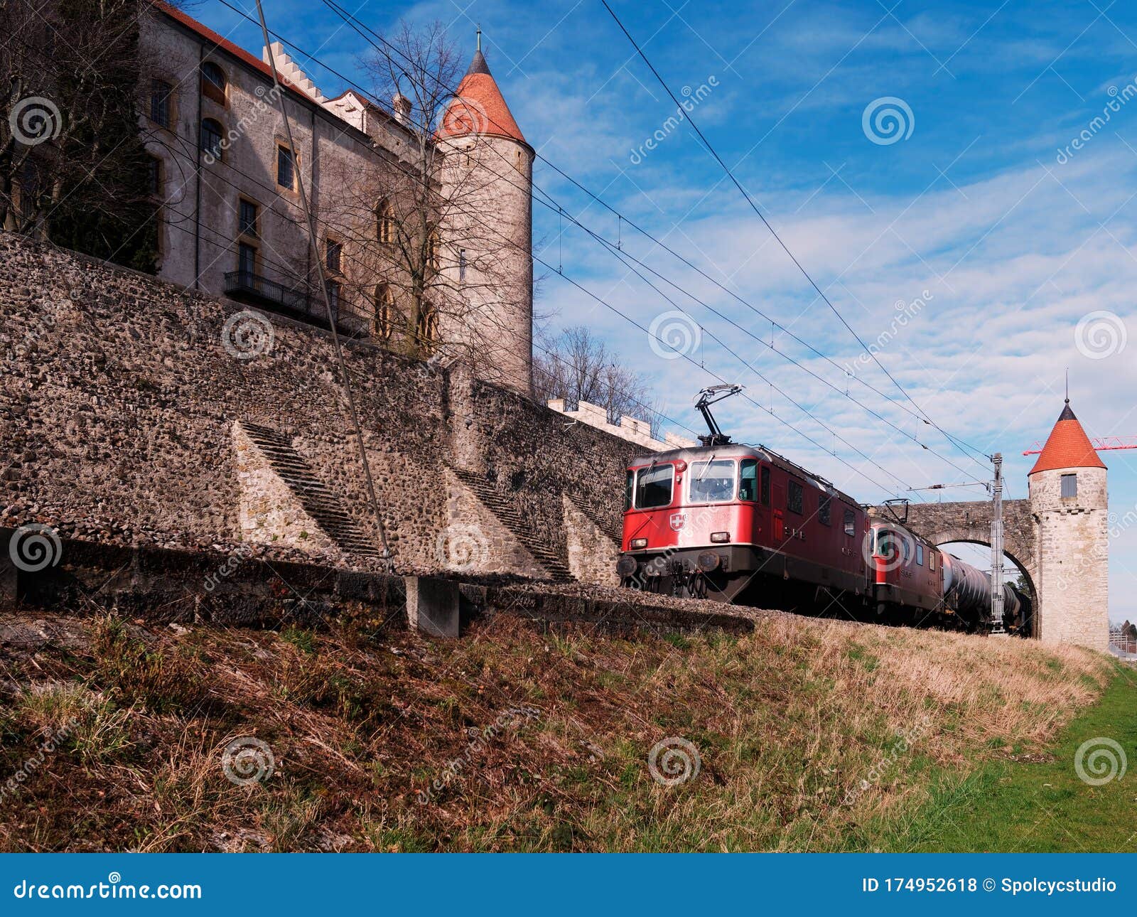 Freight Train Going through the Medieval Gate of the Grandson Castle ...