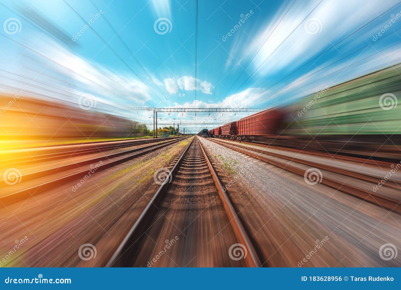 Freight Train Moves with Speed by Rail Stock Photo - Image of ...