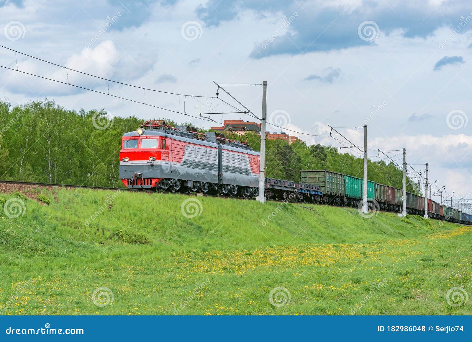 Freight train moves. stock photo. Image of sunny, railway - 182986048