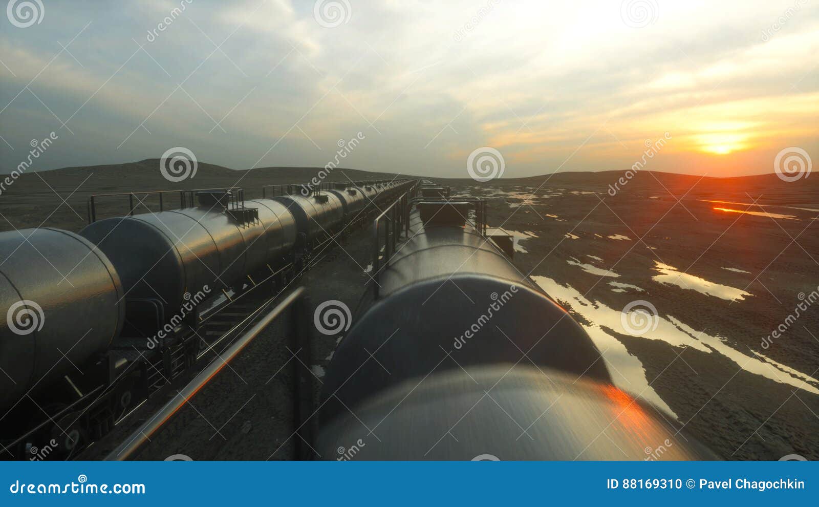 Freight Train Oil Tankers. Against Sunrise. 3d Rendering. Stock ...