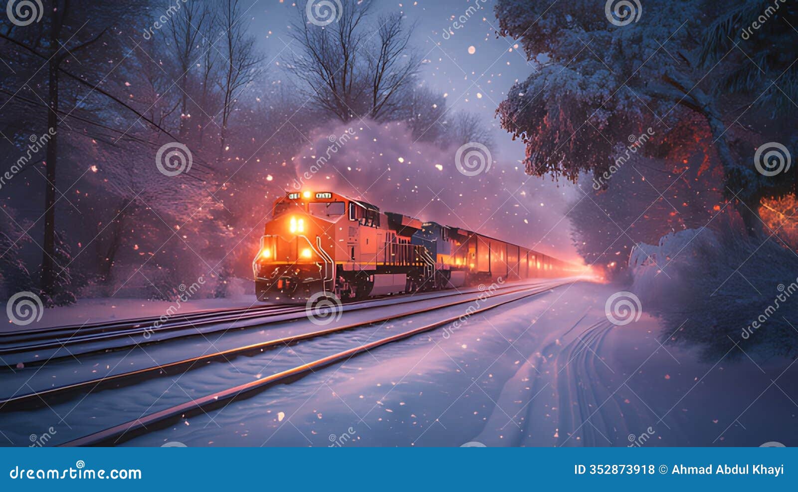 Freight Train Steaming through Snowy Winter Landscape at Night Stock ...
